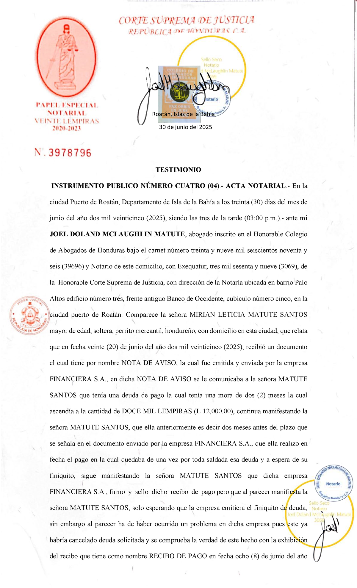 Testimonio Notarial 2025 - Acta de Deuda y Pago en Roatán - Studocu
