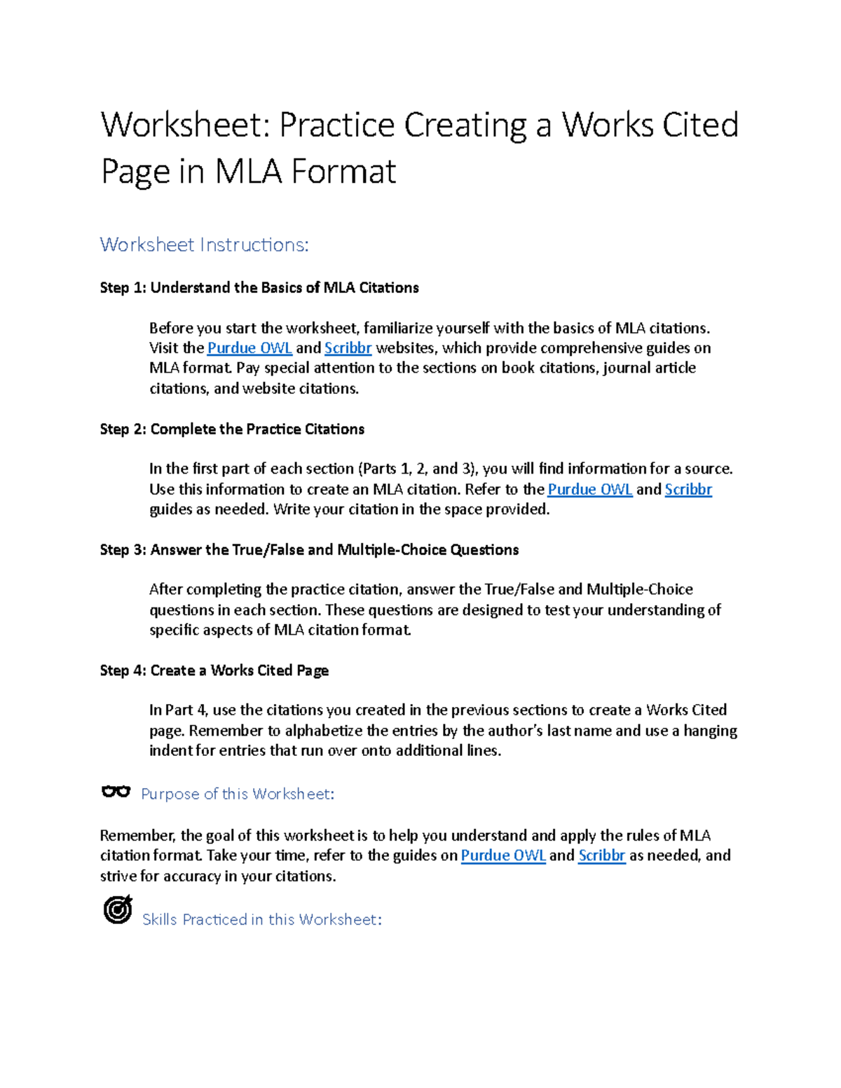 MLA Worksheet: Practice Creating a Works Cited Page - Studocu