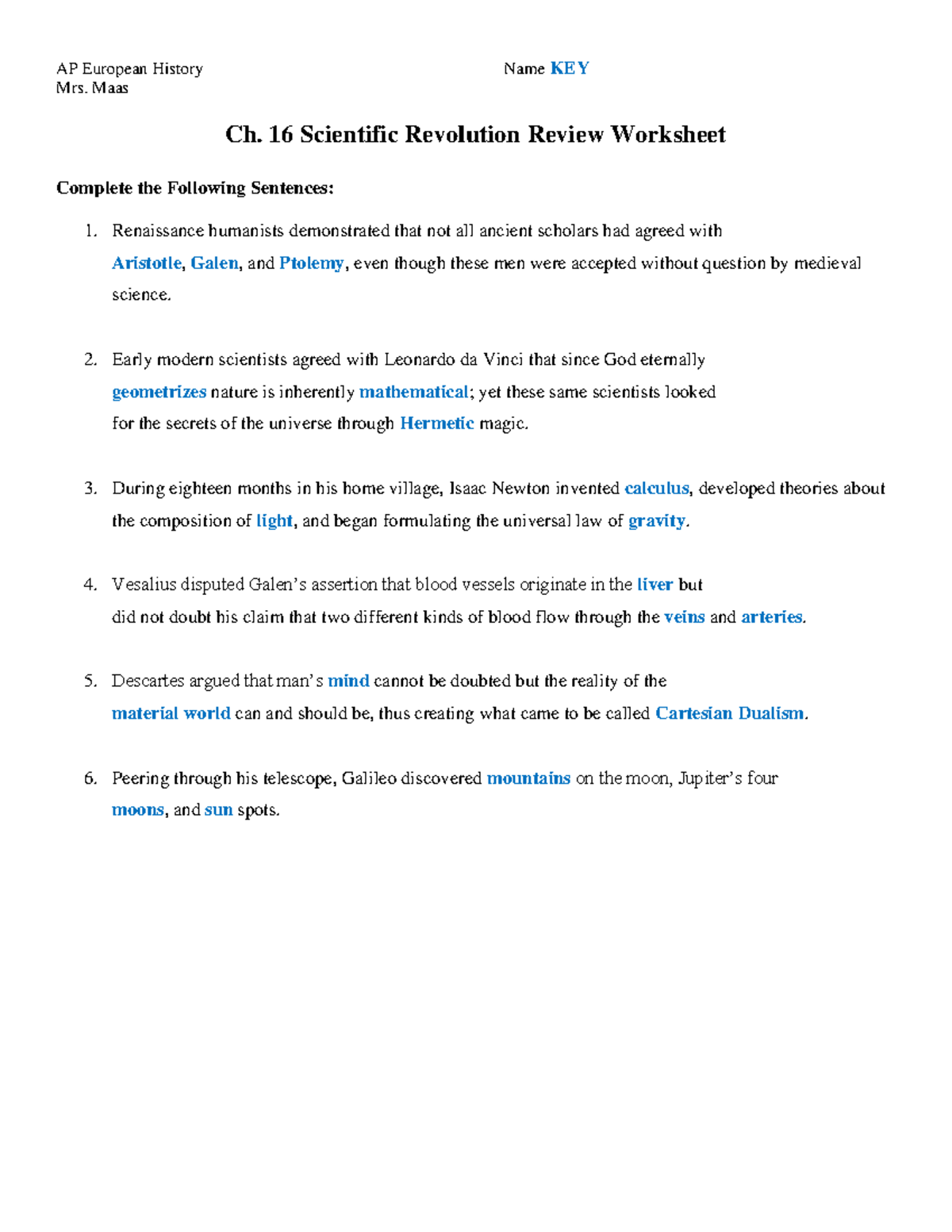 AP European History Ch. 16 Scientific Revolution Review Worksheet KEY ...