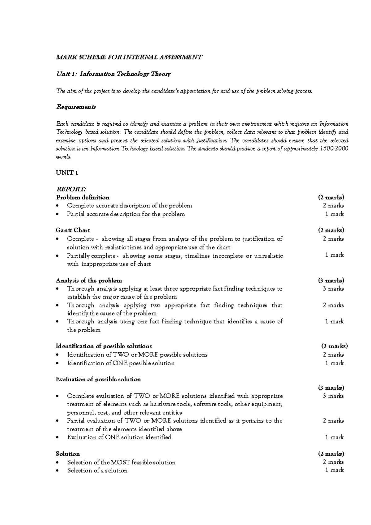 CAPE IT Unit 1 Internal Assessment Mark Scheme and Guidelines - Studocu