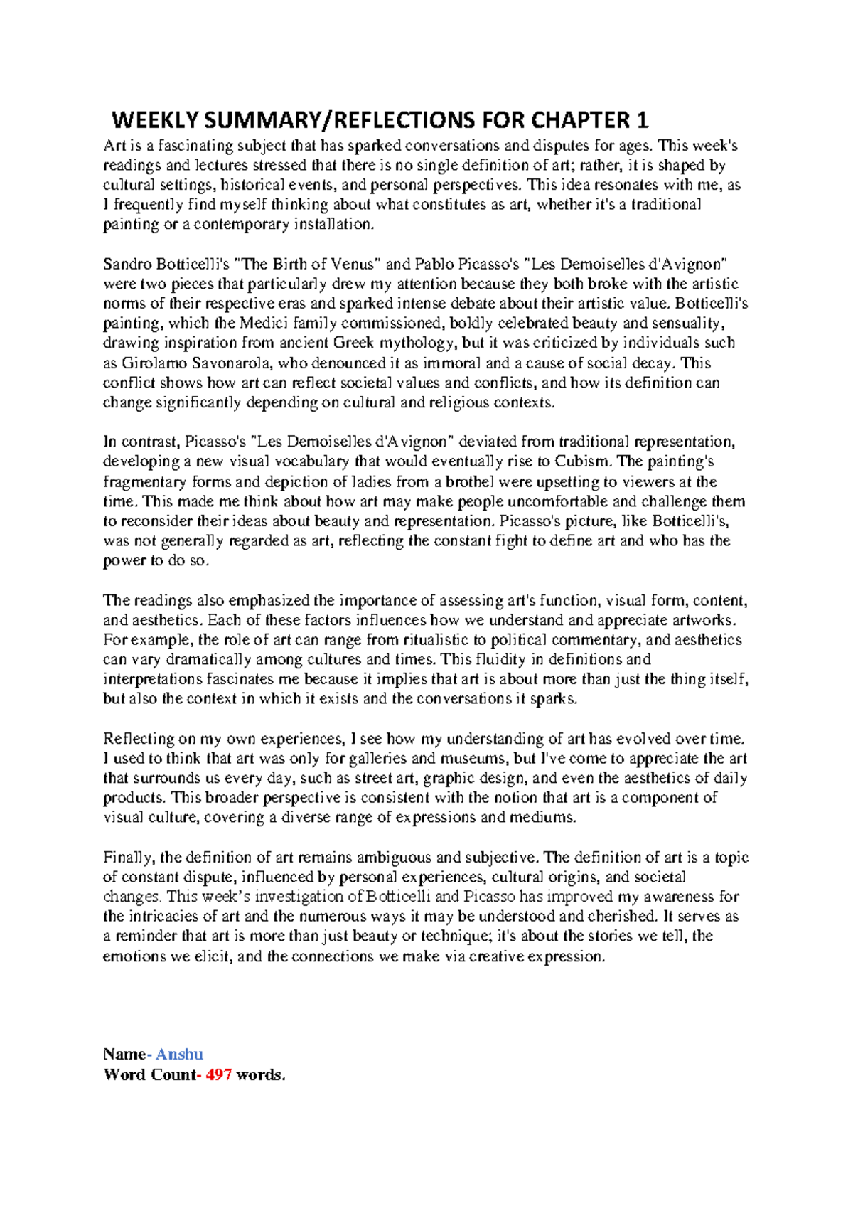 Summary 1 - Reflection on Chapter 1: The Nature of Art - Studocu