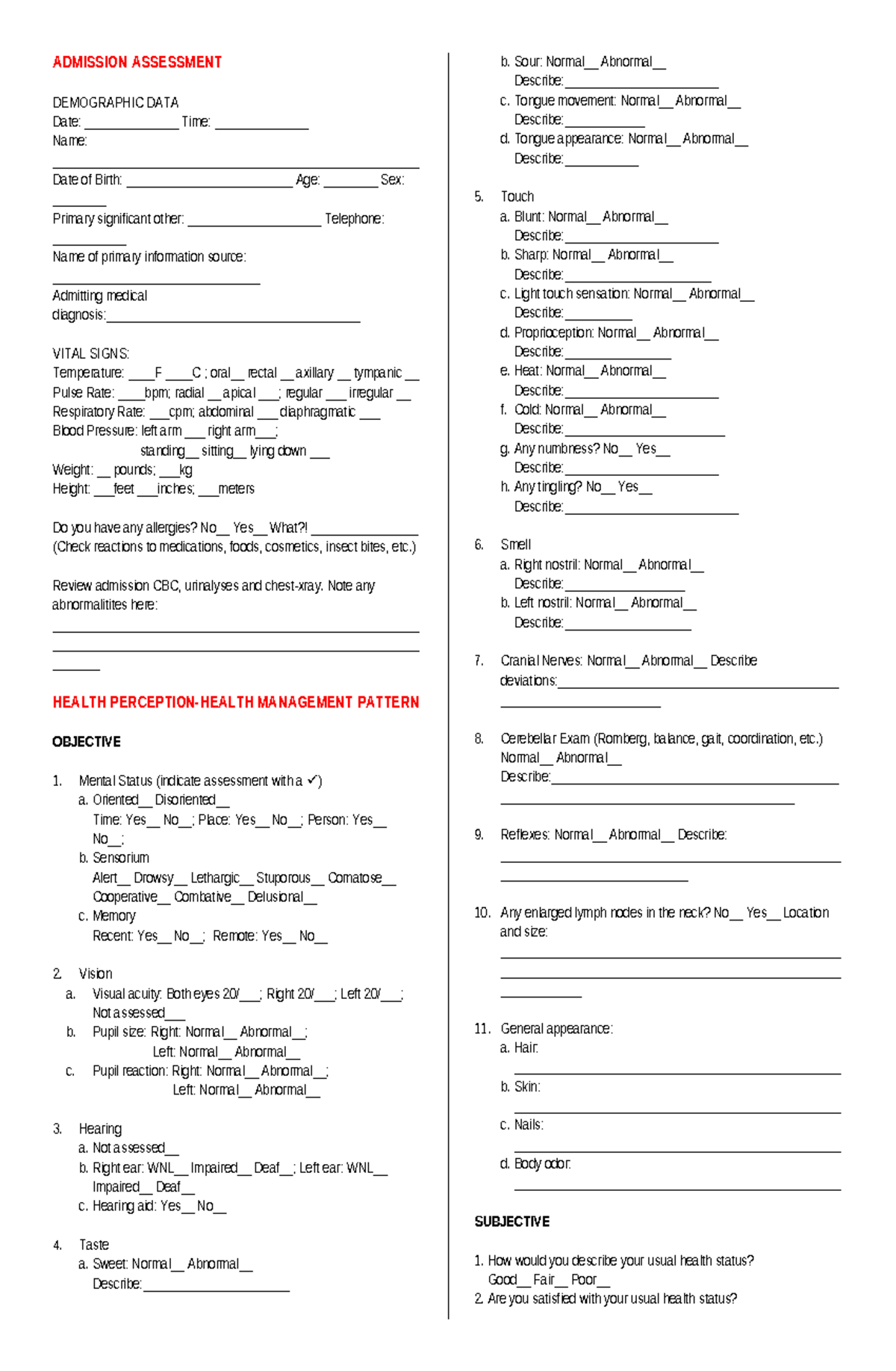 Gordon s Functional Health Pattern Assessment Tool - ADMISSION ...