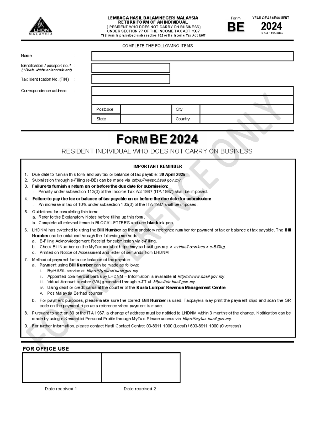 BE 2024 Individual Income Tax Return Form (Non-Business Resident) - Studocu