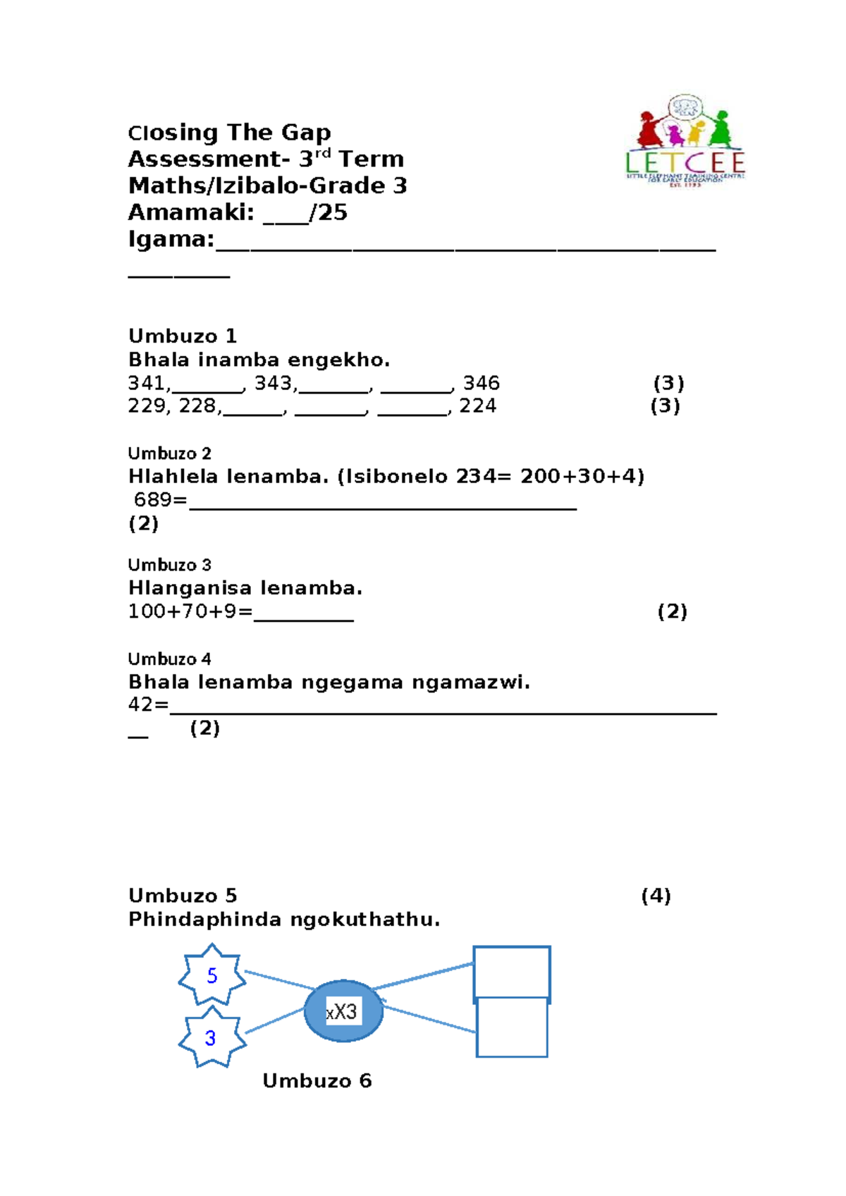 CTG Izibalo - Maths Grade 3 Assessment: Closing The Gap - Studocu