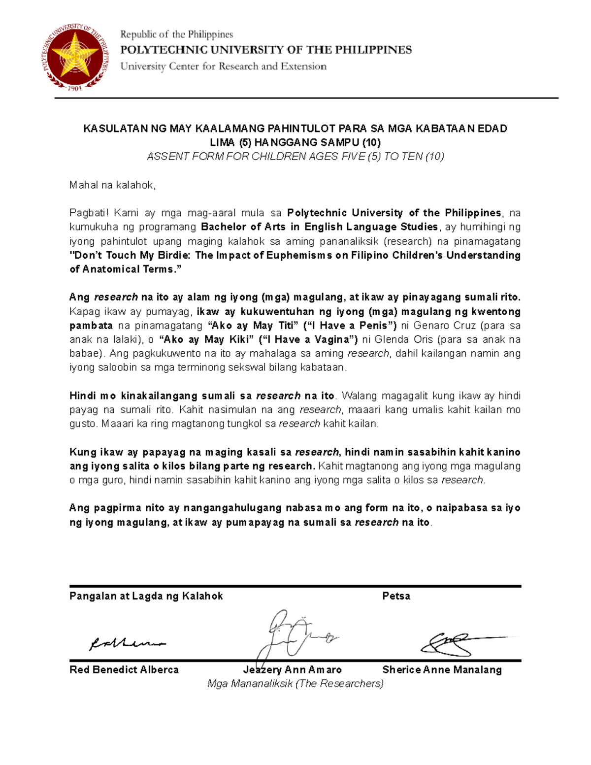 Assent Form for Children Aged 5 to 10 in Research Study - Studocu