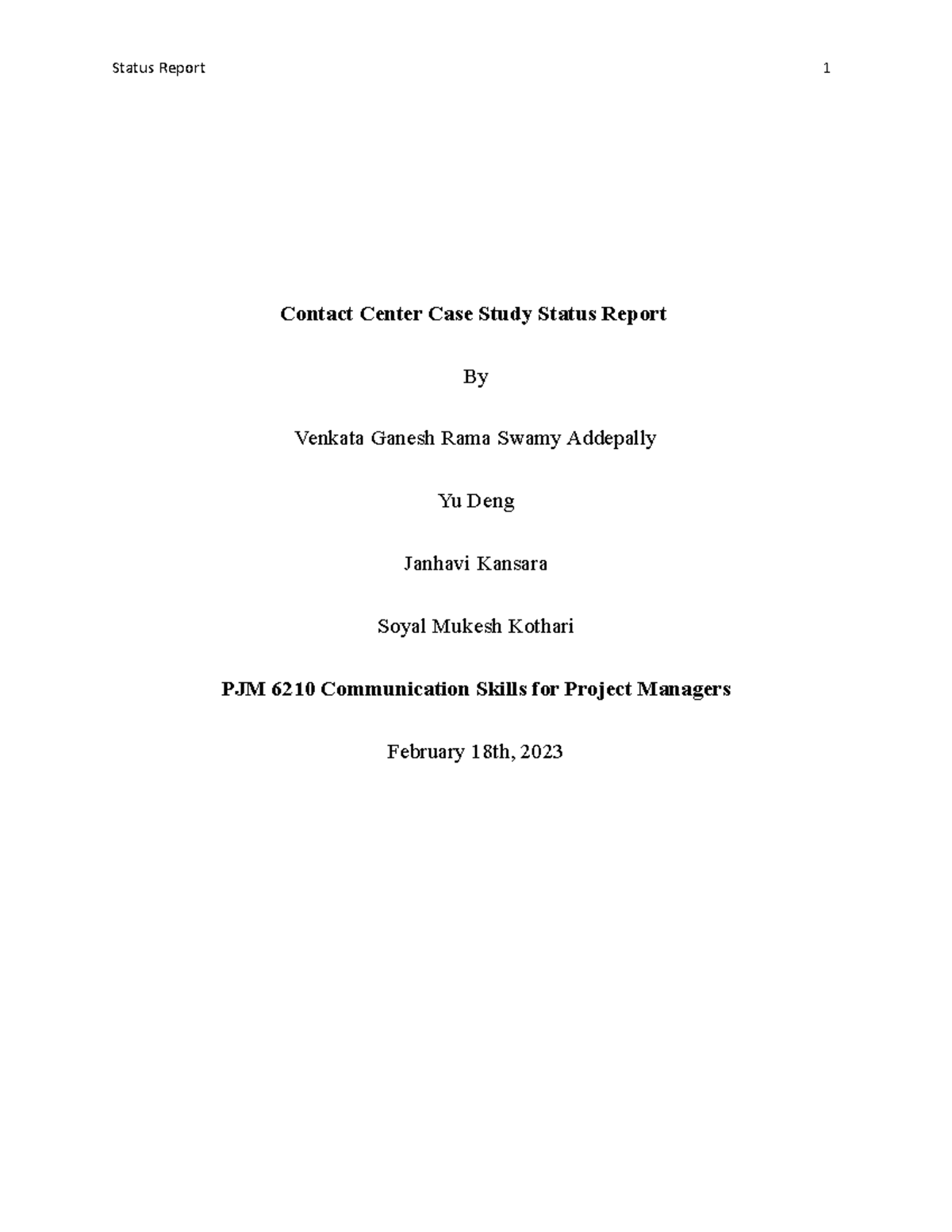 PJM 6210 Contact Center Case Study Phase 1 Status Report - Studocu