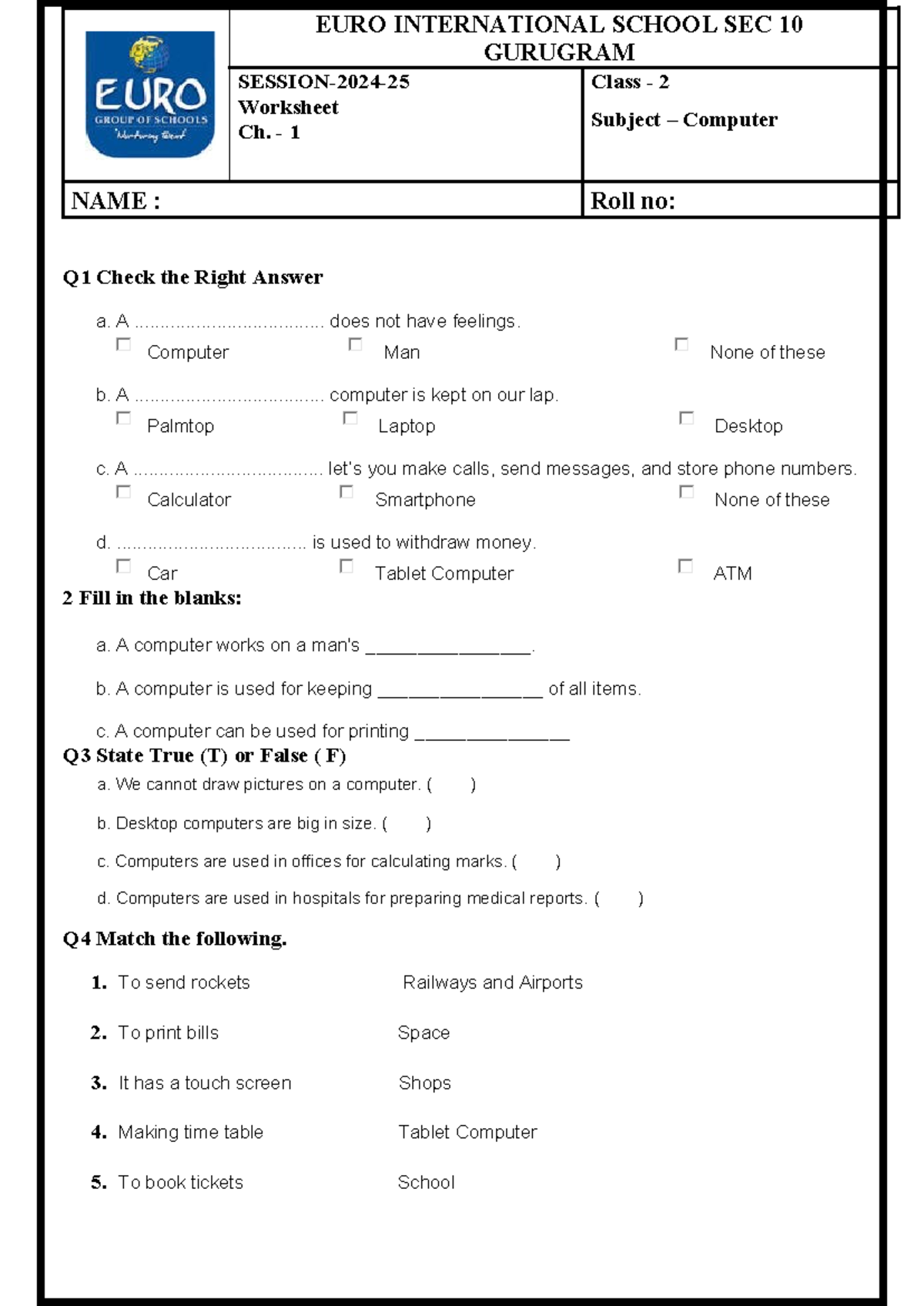Class 2 Computer Worksheet - Chapter 1 - Session 2024 - Studocu