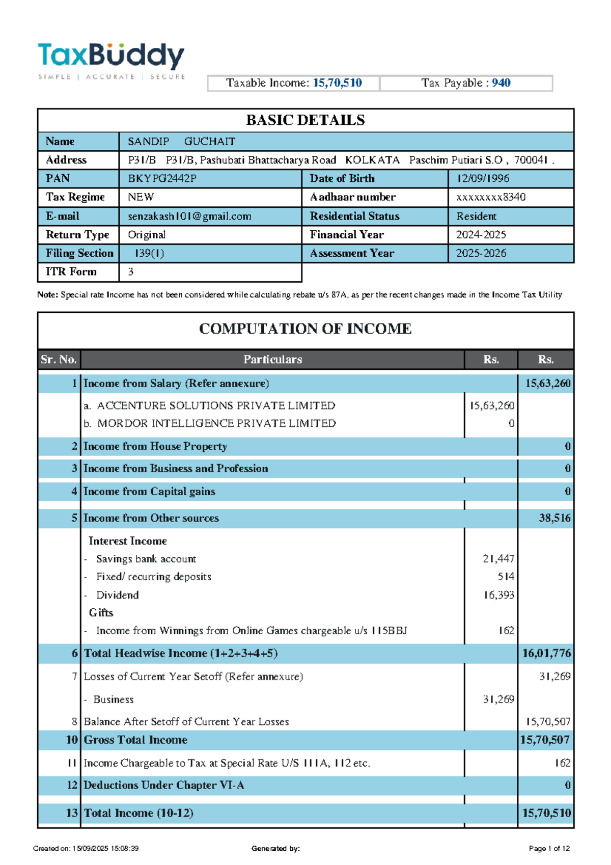 Tax Computation Summary for ITR Form 3: FY 2025-26 - Studocu