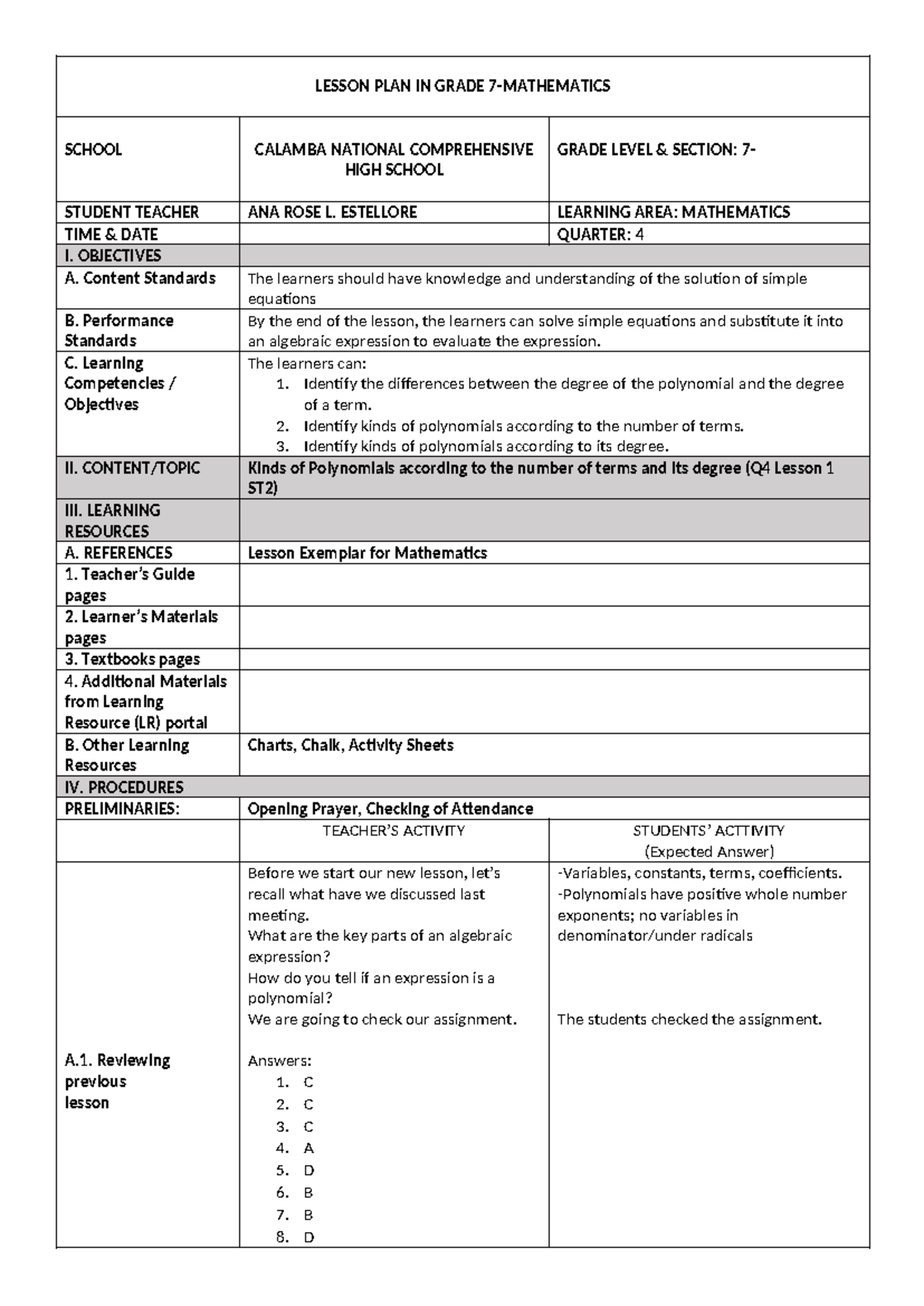 Lesson Plan: Kinds of Polynomials (Math Q4) - Studocu