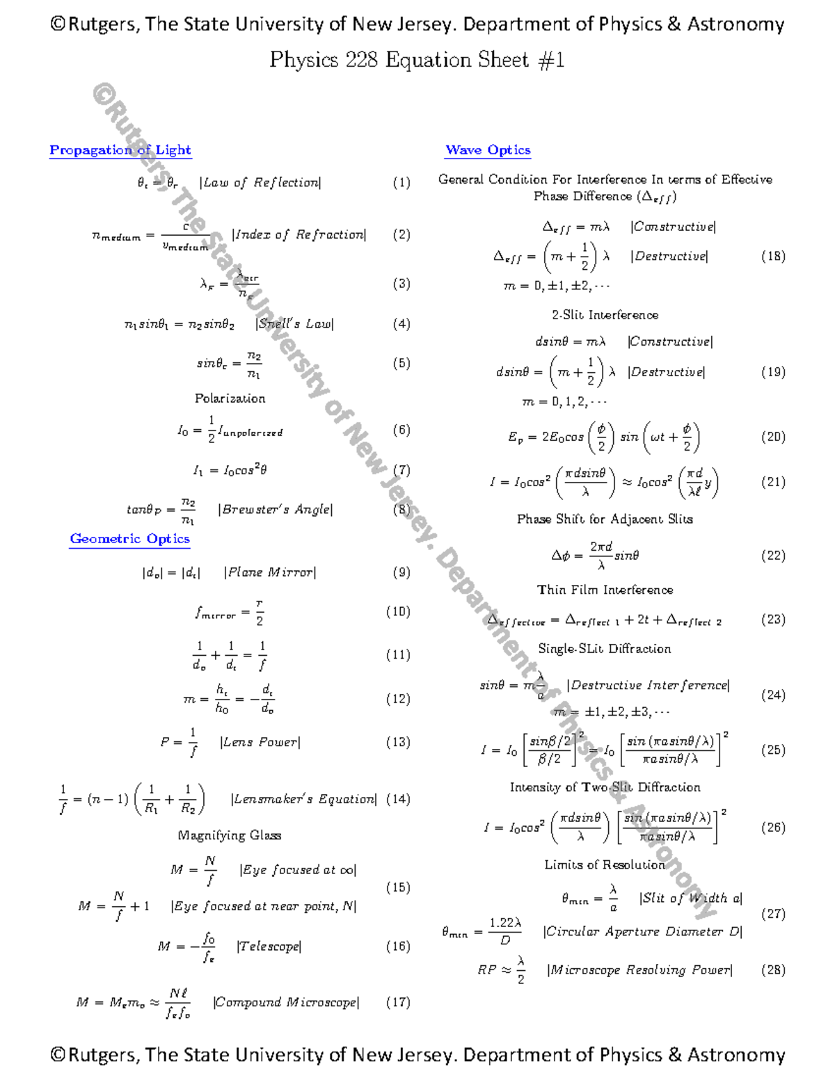 Phy 2b Final Exam Eq Sheet - Physics 228 Equation Sheet Propagation of ...