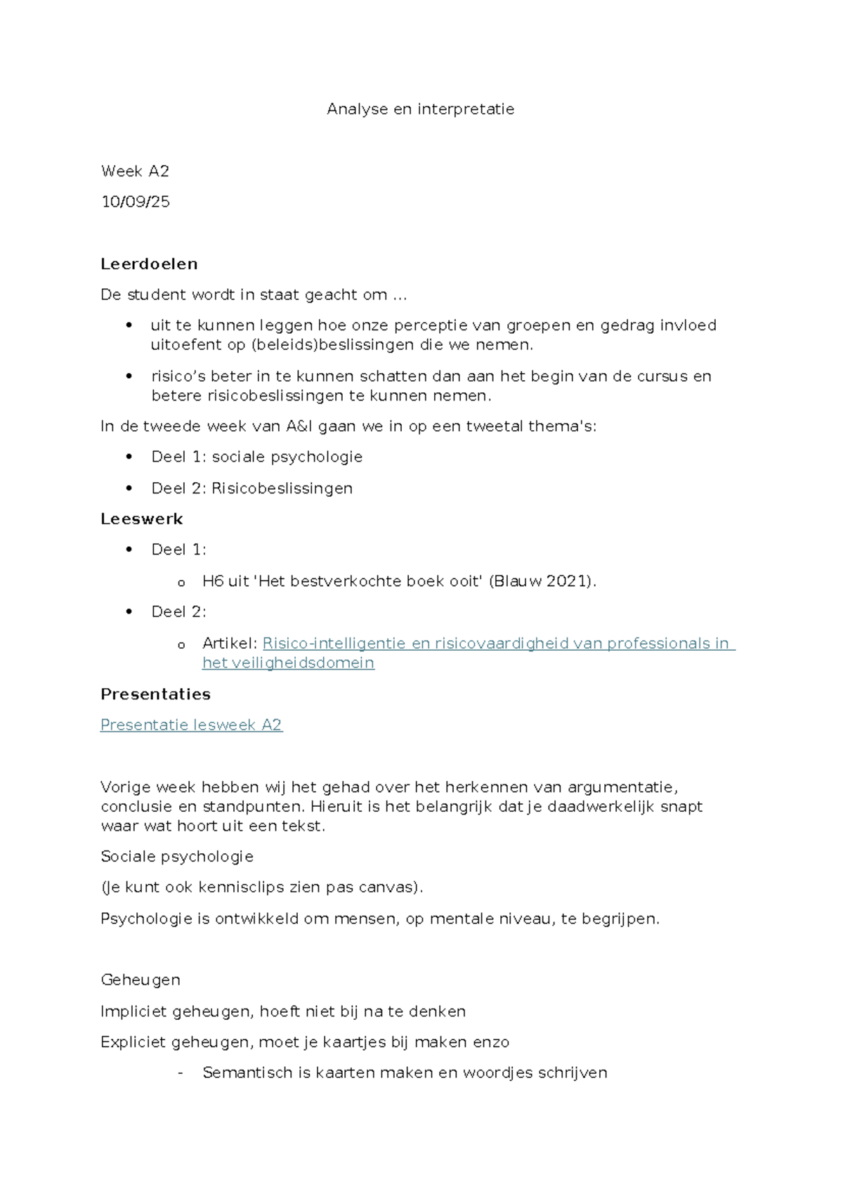 Analyse en Interpretatie Week A2-A6: Leerdoelen en Methodologie ...
