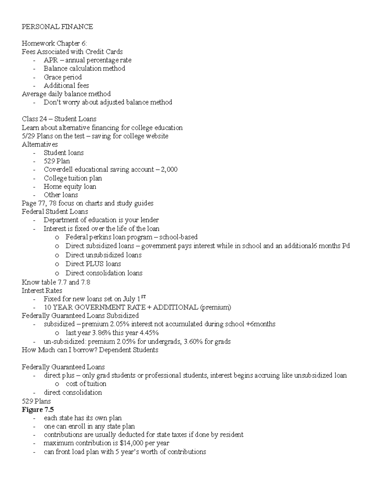 Personal Finance Exam 3 Class Notes: Chapter 6 & Student Loans Overview ...