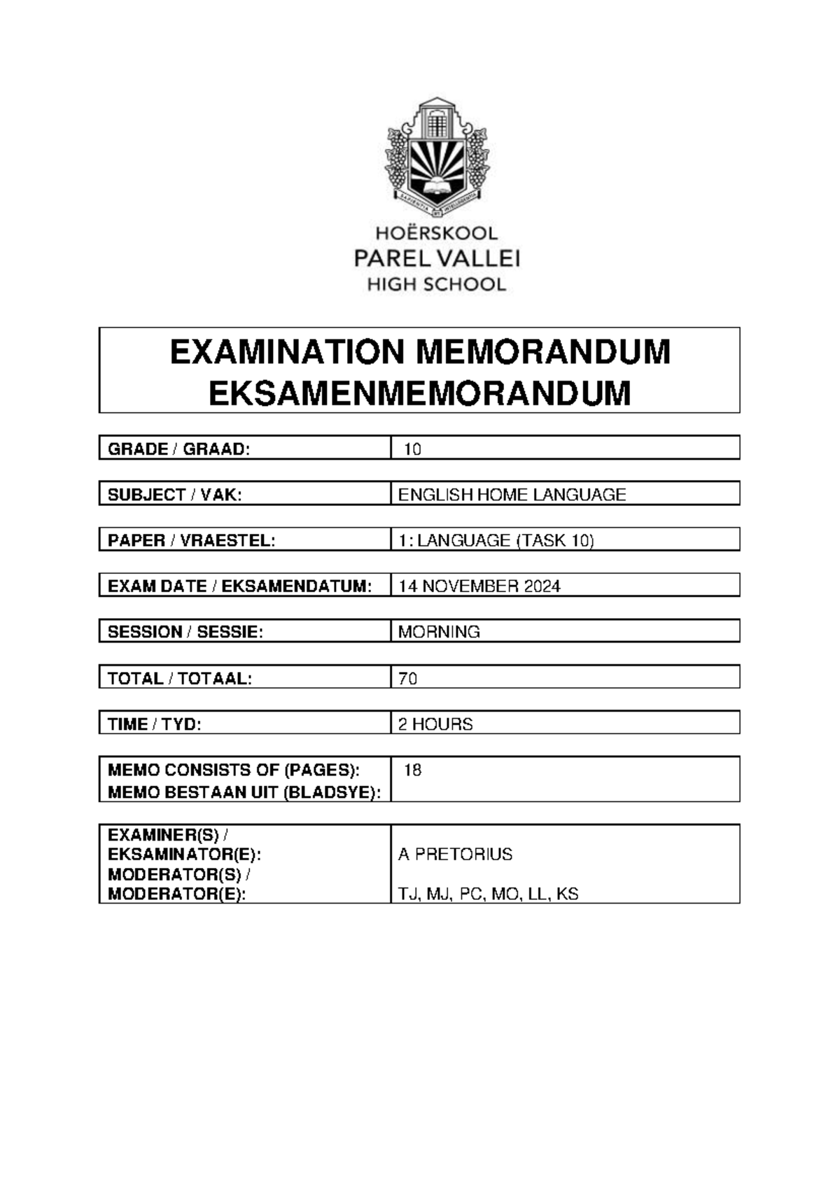 Gr10EHL Nov 2024 Practice Paper 1 Language Examination Memo - Studocu