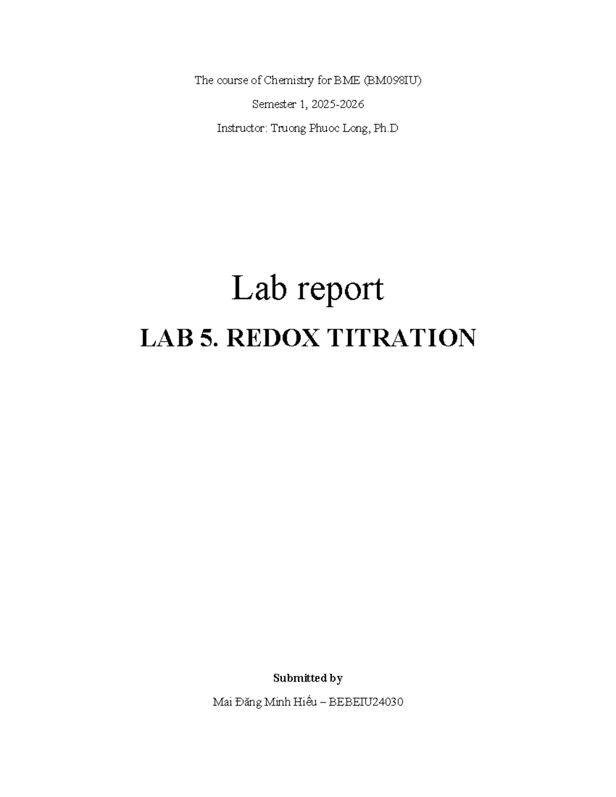 Chemistry Lab Report LAB 5: Redox Titration (BM098IU) - Studocu