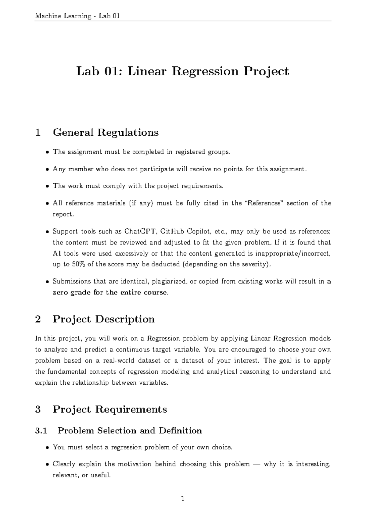 Machine Learning Lab 01: Linear Regression Project Guidelines - Studocu