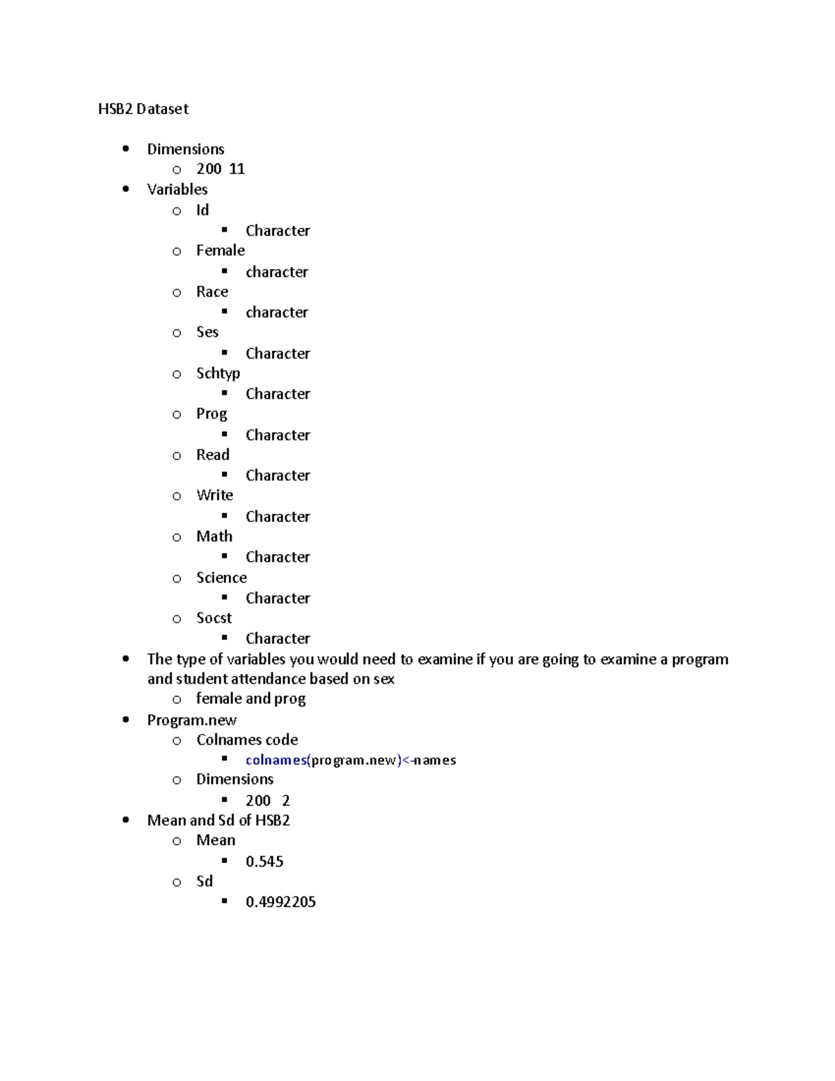 R Lab Exam#2 Questions - answers - HSB2 Dataset Dimensions o 200 11 ...
