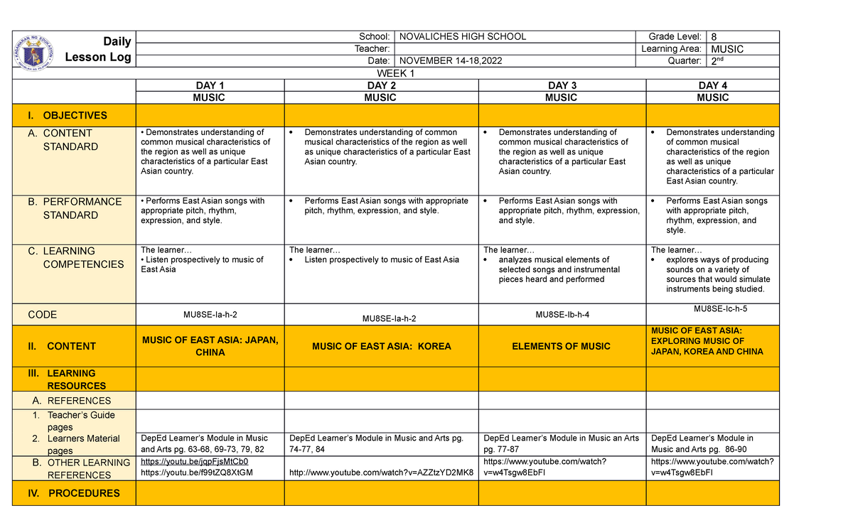 G8 Music Lesson Log - Week 1 (2nd Quarter) Overview - Studocu