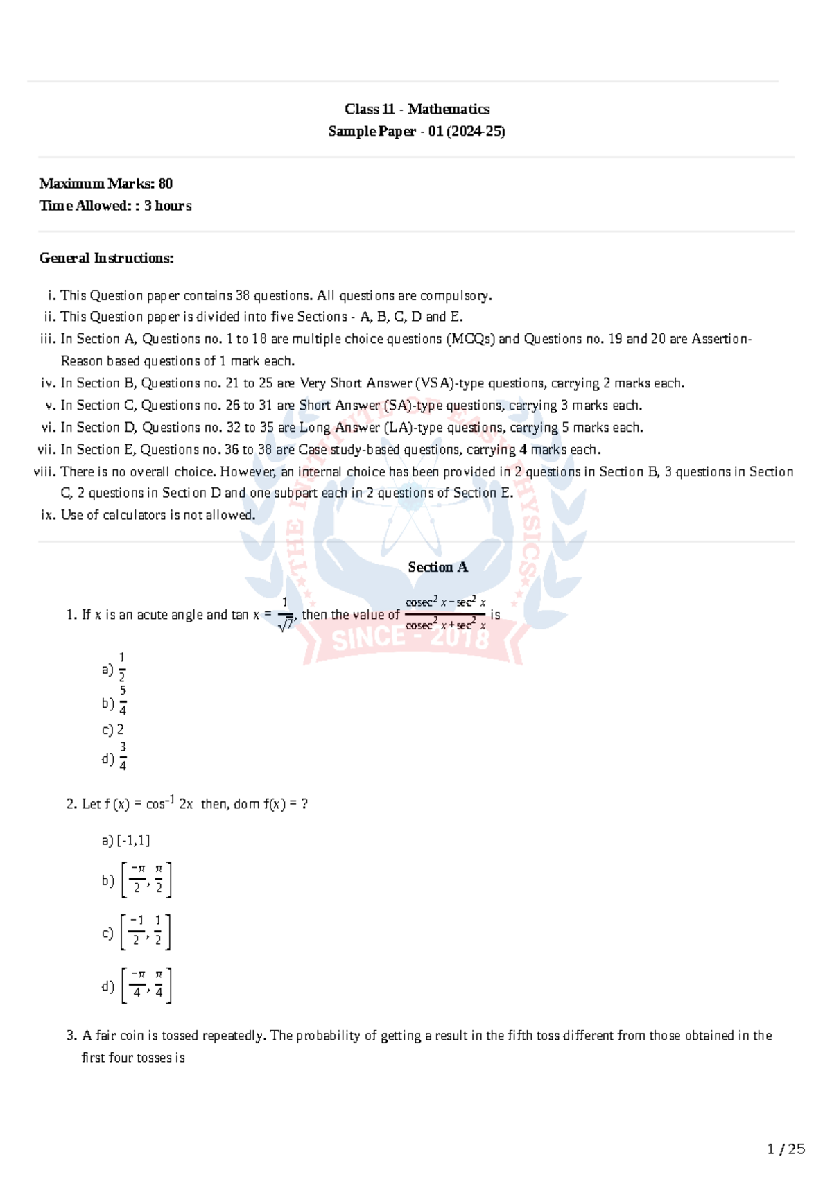 Class 11 Mathematics - Full Test Sample Paper 01 (2024-25) - Studocu