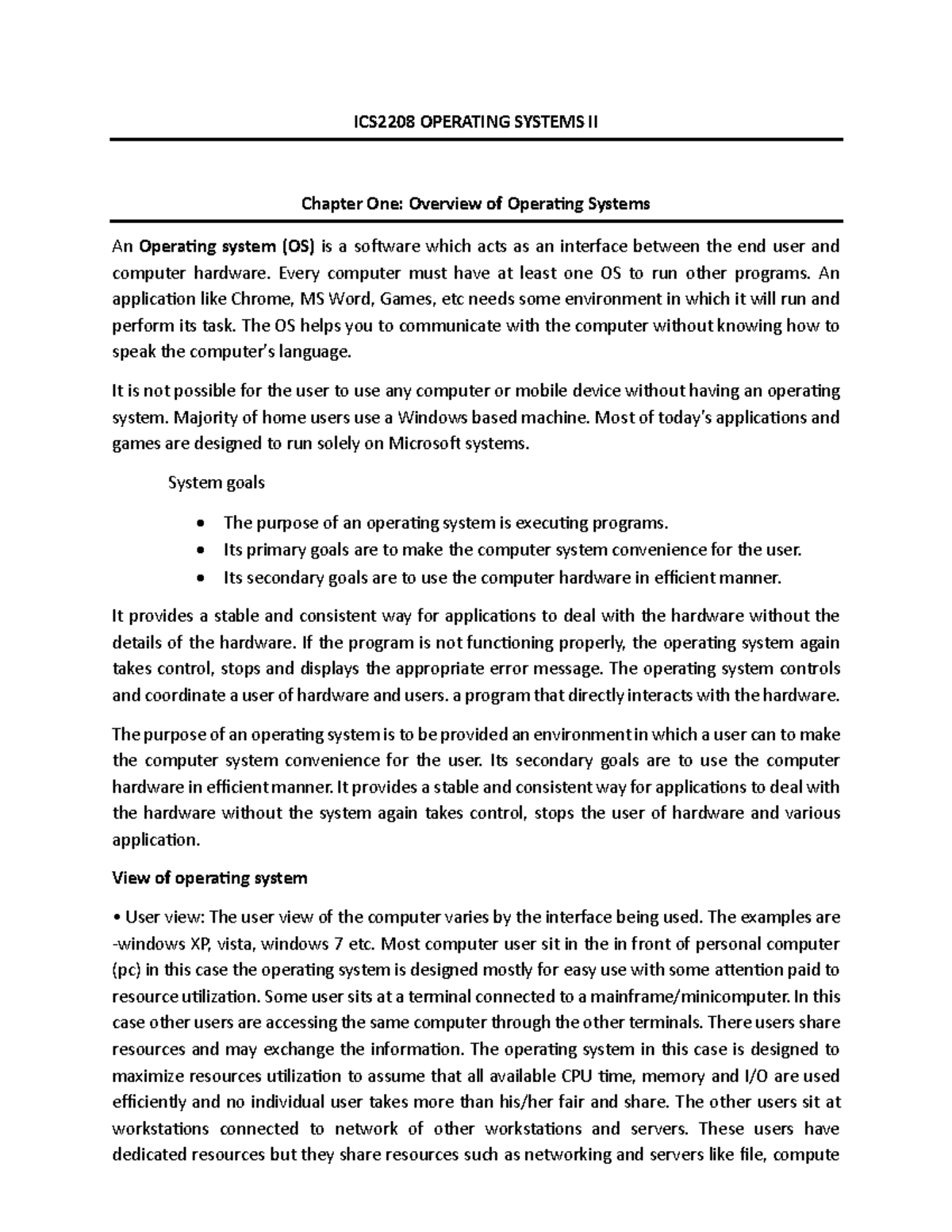 ICS2208 Operating systems chapter one: Overview and functions - Studocu