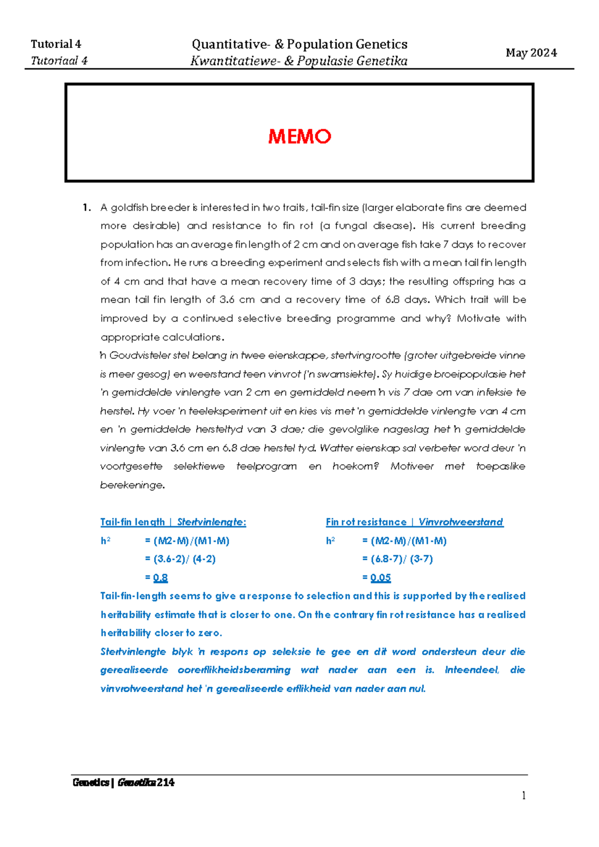Tutorial 4 - MEMO - 2024 - Tuts answers and worked out - May 2024 ...