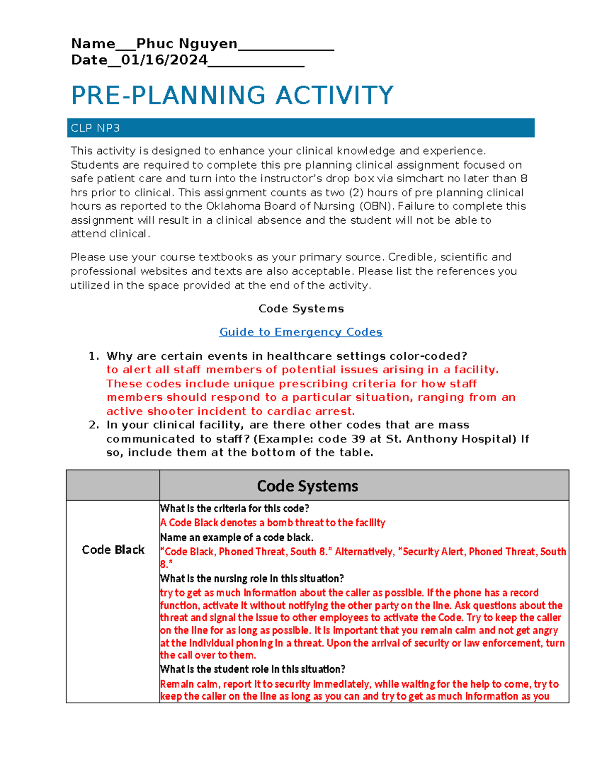 Pre-Planning Activity: Clinical Codes NP3 for Safe Patient Care - Studocu