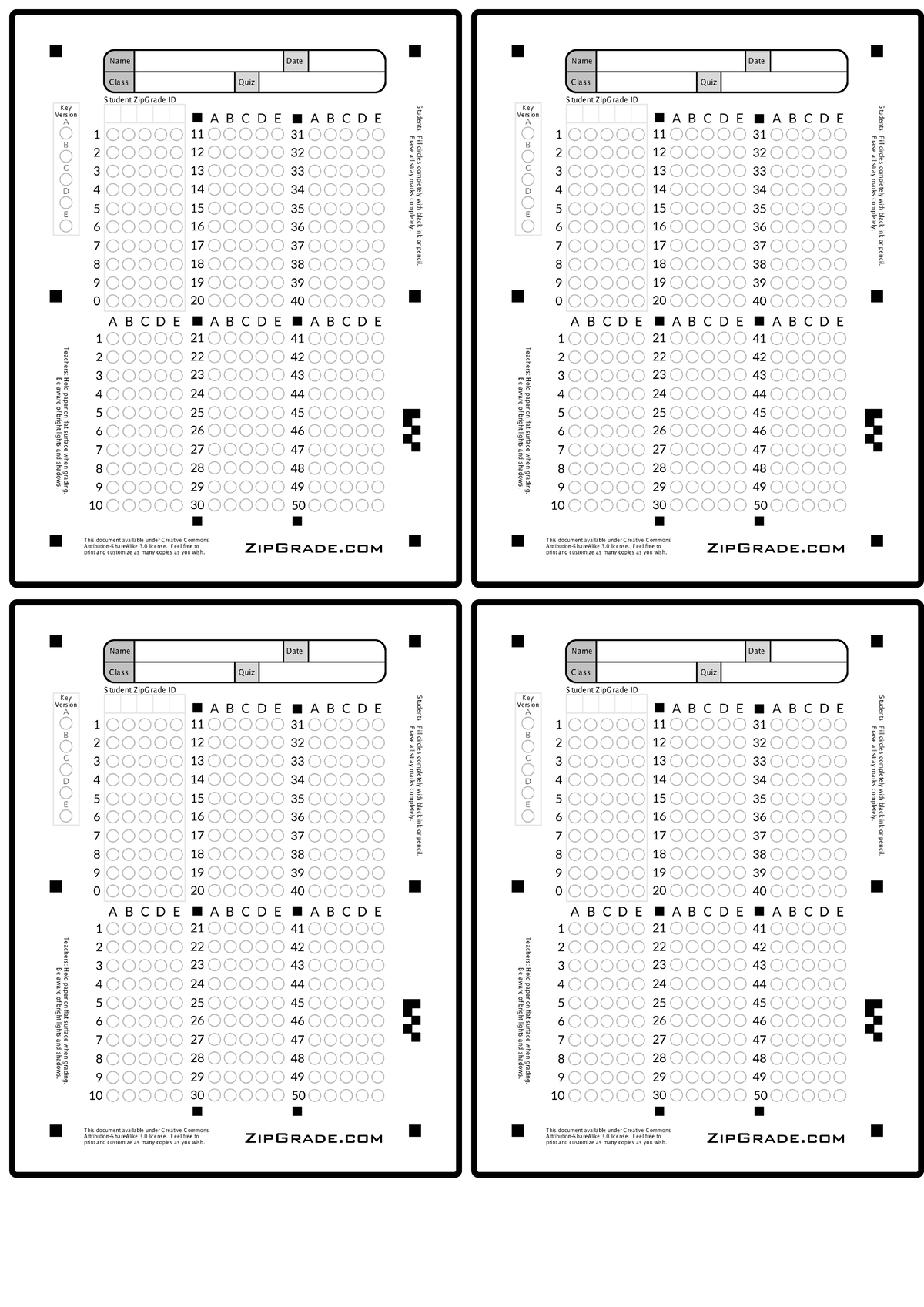 Class Quiz Answer Sheet - Zipgrade Version A - Studocu