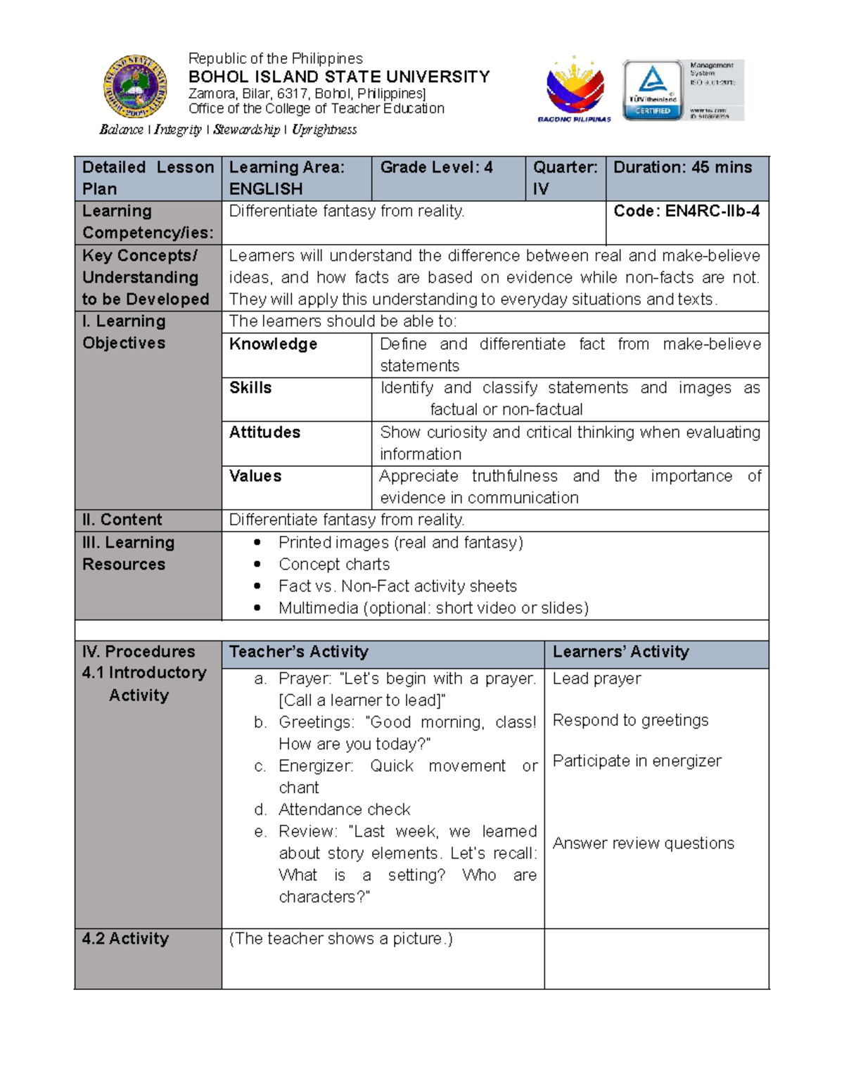 Detailed Lesson Plan: Differentiating Fantasy from Reality for Grade 4 ...