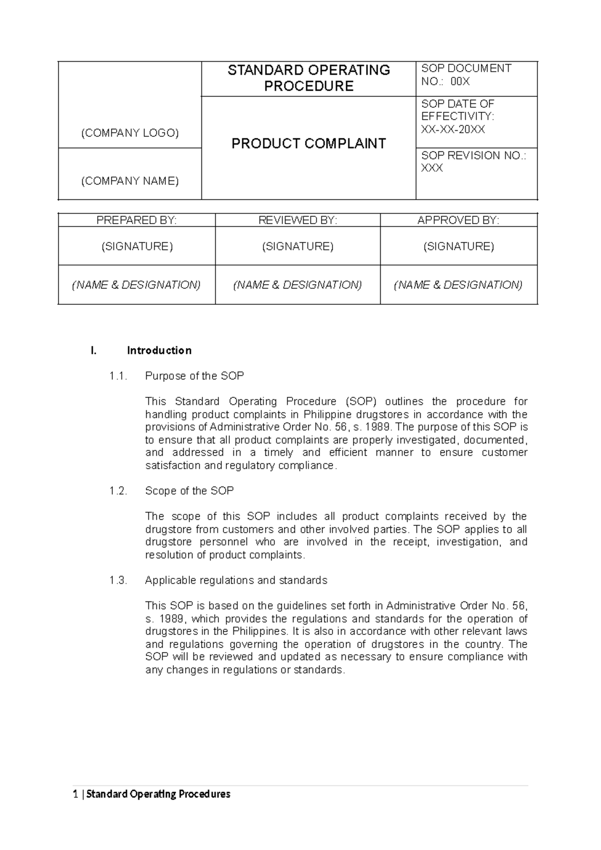 SOP: Product Complaint Handling Procedures for Drugstores in the Philippines - Studocu