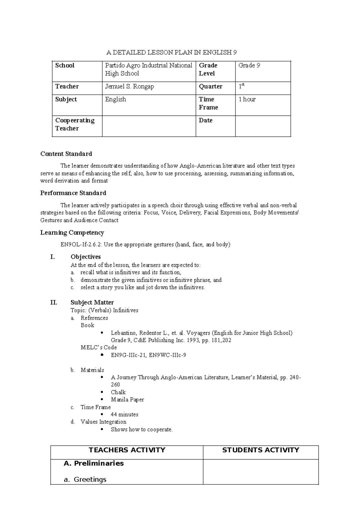 DLP-ENG9 - Detailed Lesson Plan on Infinitives for Grade 9 - Studocu