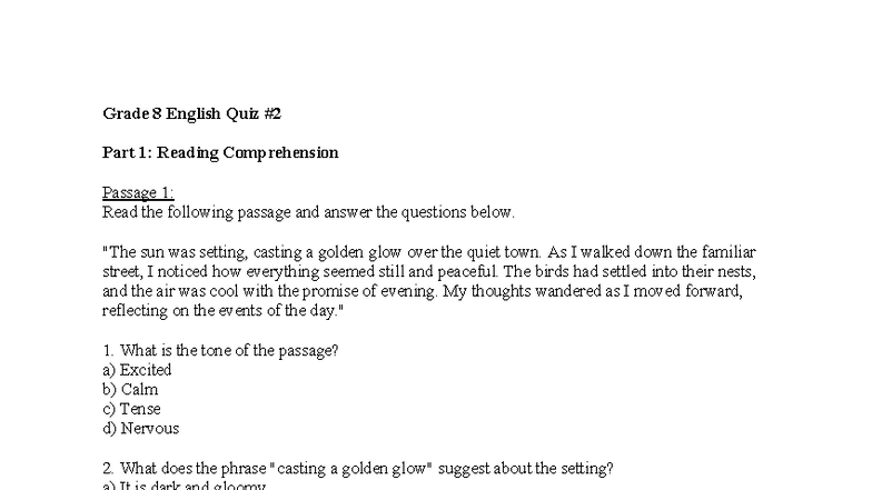 Grade 8 English Quiz: Reading Comprehension & Grammar - Studocu