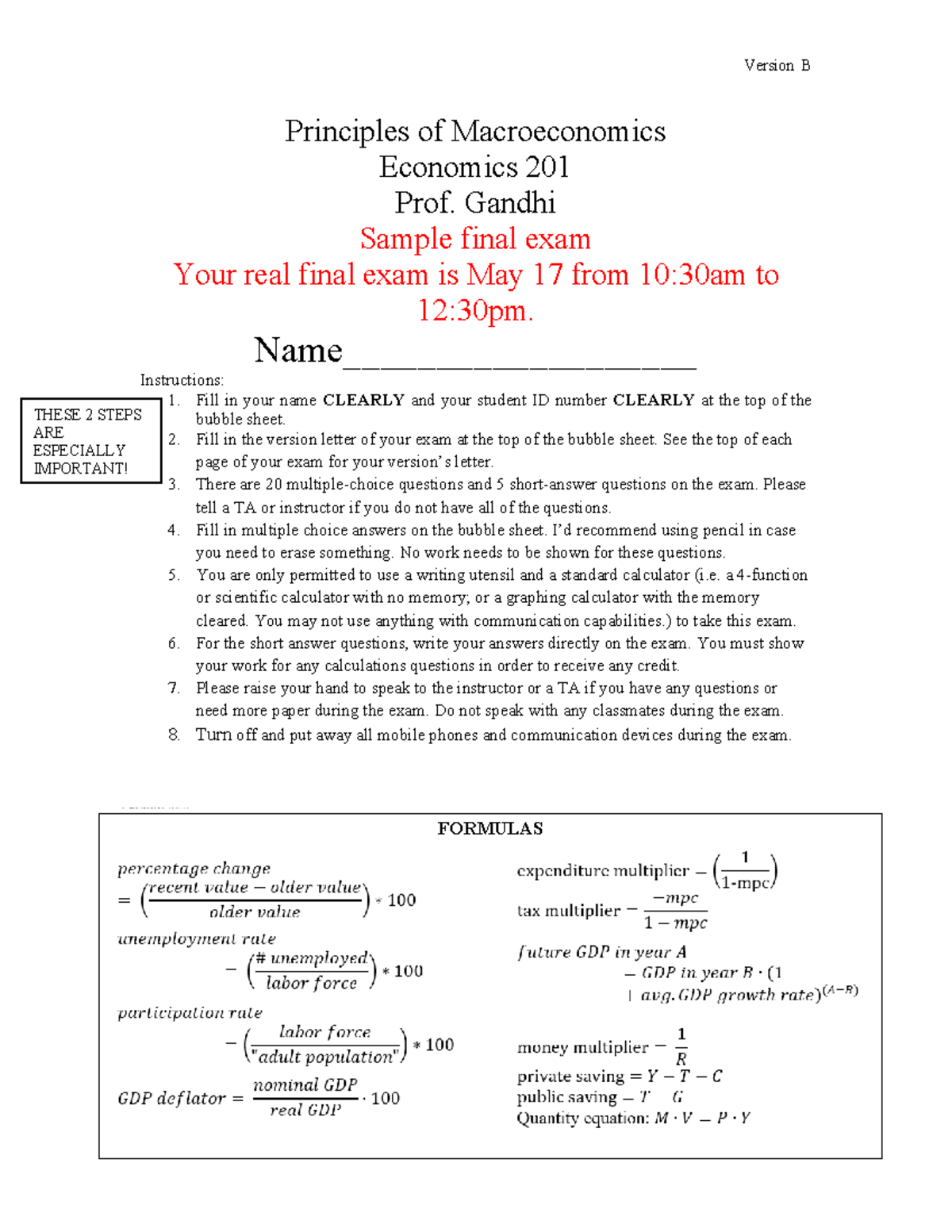 Sample Final Exam: Principles of Macroeconomics (Econ 201) Version B ...