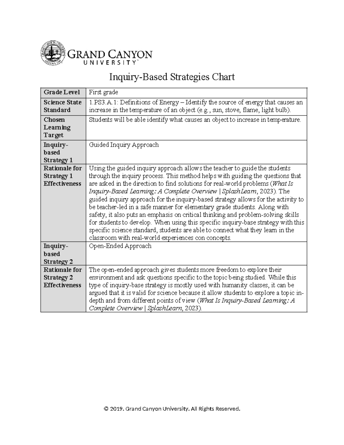 Inquiry-Based Strategy Chart for ELM 361: First Grade Science & Health ...