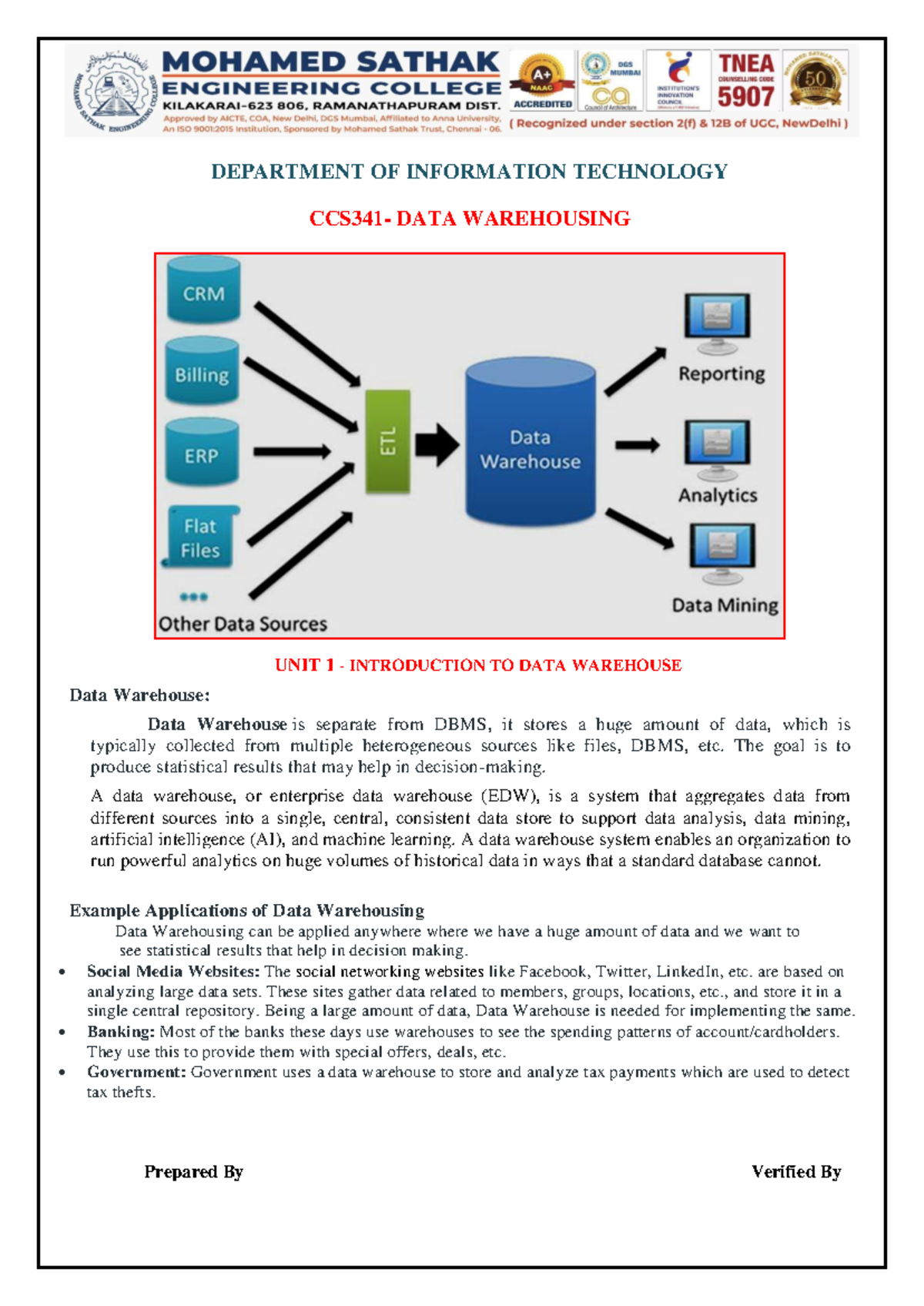 CCS341-Data Warehousing Notes-Unit I: Intro, Components & Architecture ...