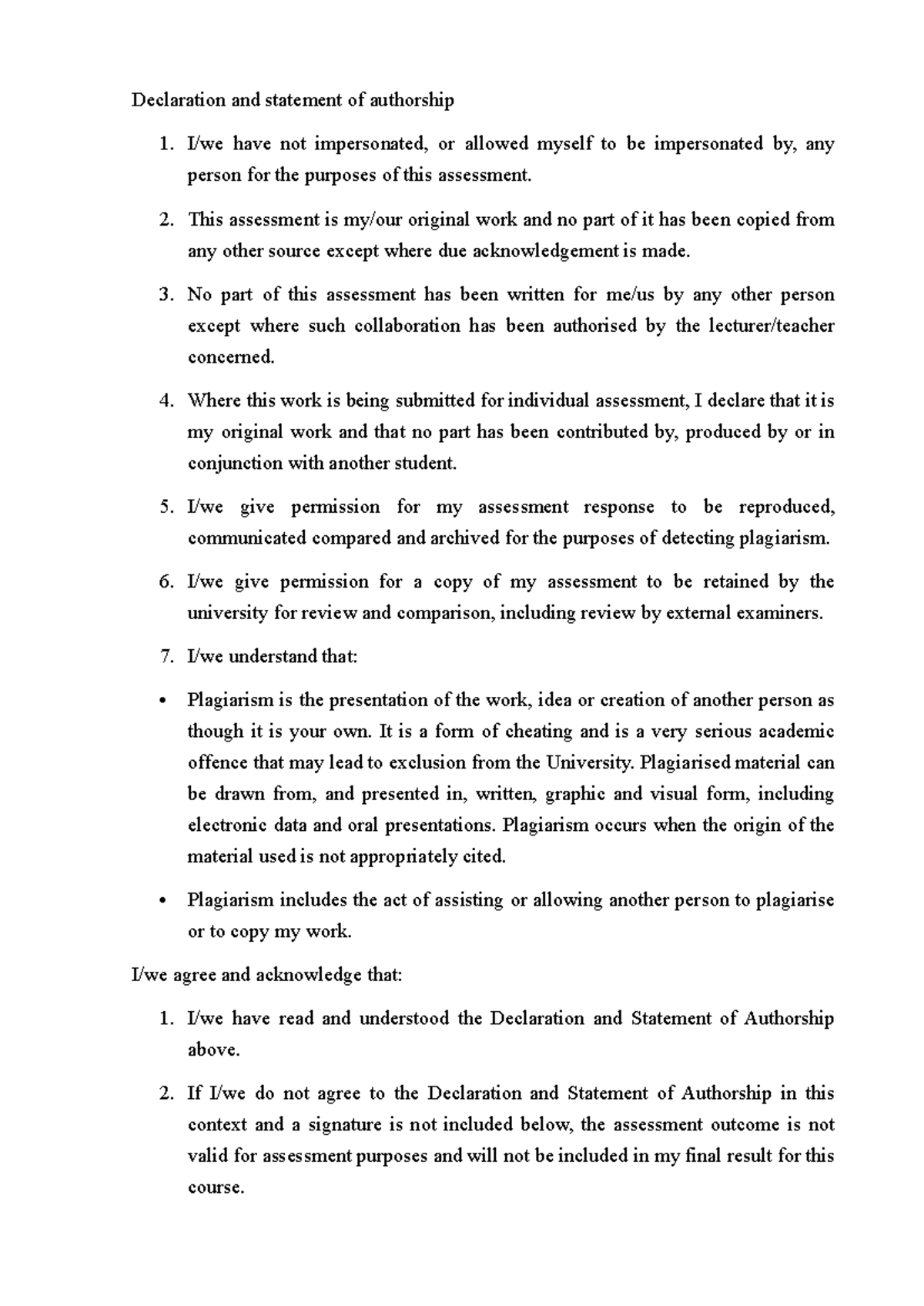Declaration and Statement of Authorship for Assessment Submission - Studocu