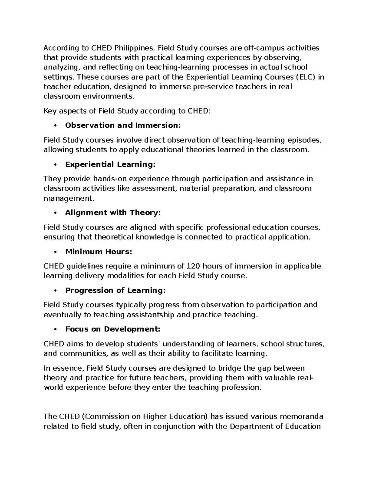 CHED Memo on Field Study (FS): Guidelines for Teacher Education - Studocu