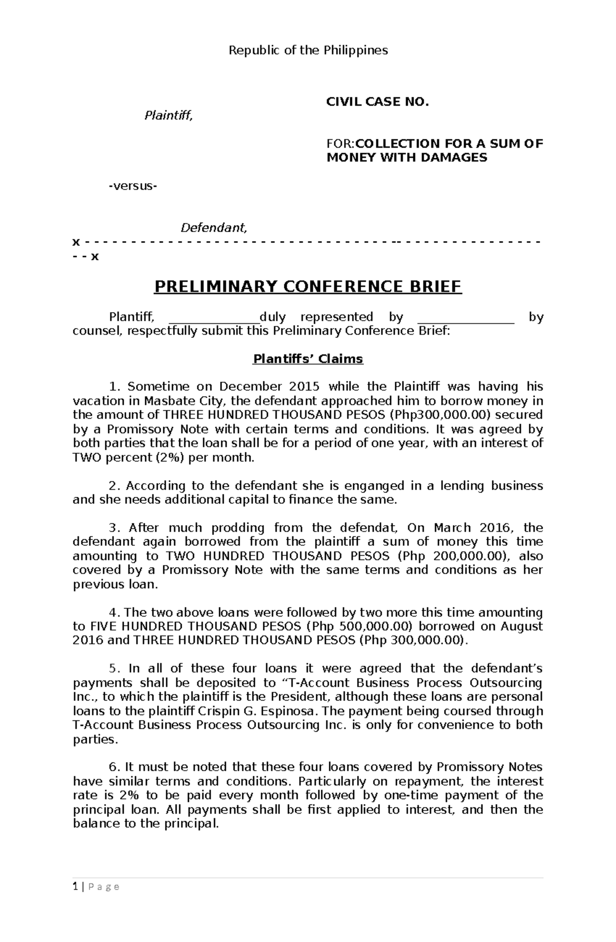 CIVIL CASE NO. 501786516: Preliminary Conference Brief on Money ...