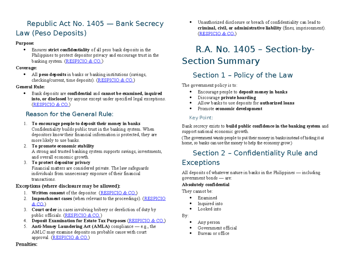RFBT - Comprehensive Review of Republic Act No. 1405: Bank Secrecy Law ...