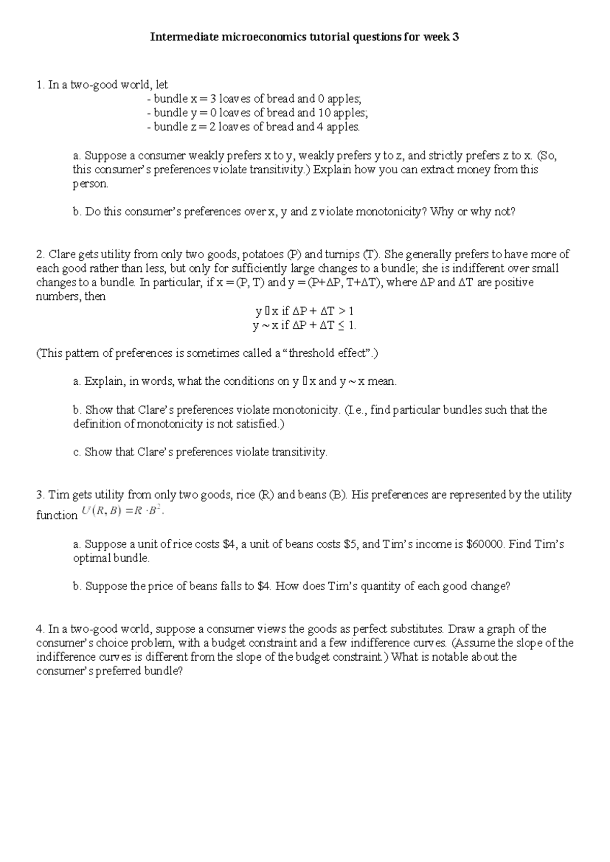 Intermediate Microeconomics Tutorial Questions (Week 3) - Studocu