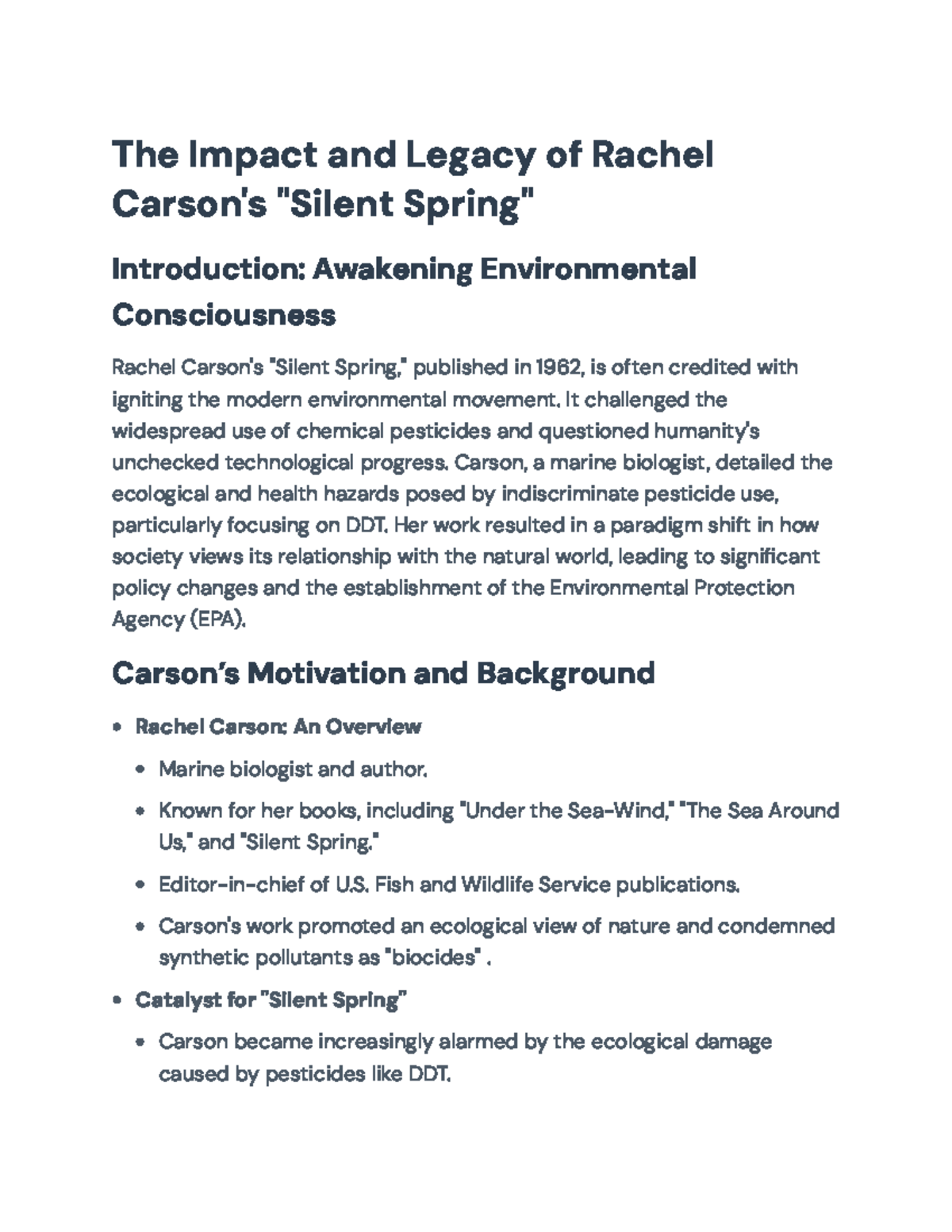 The Impact and Legacy of Rachel Carson's "Silent Spring" on Ecology ...