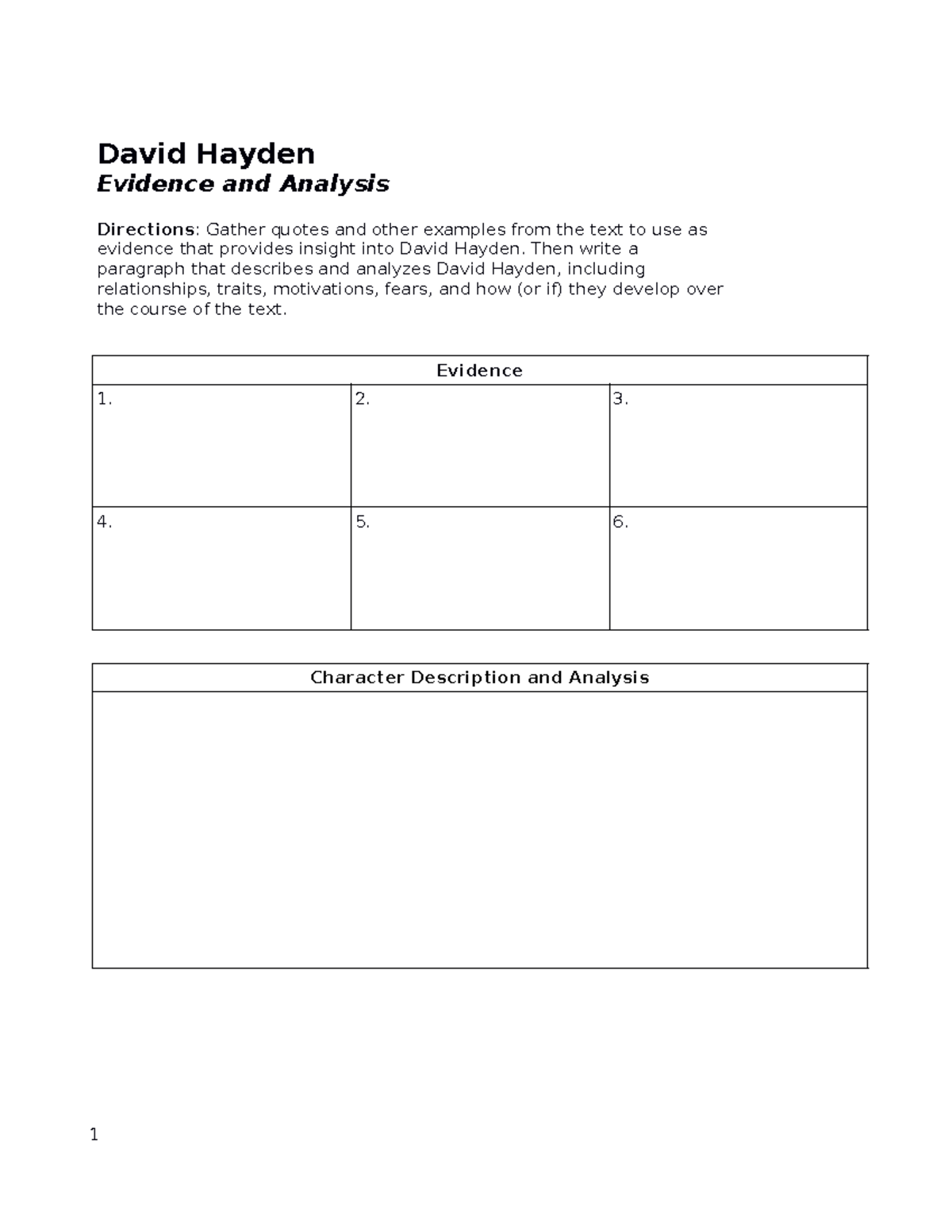 Character Analysis Organizers for David Hayden and Others - Studocu