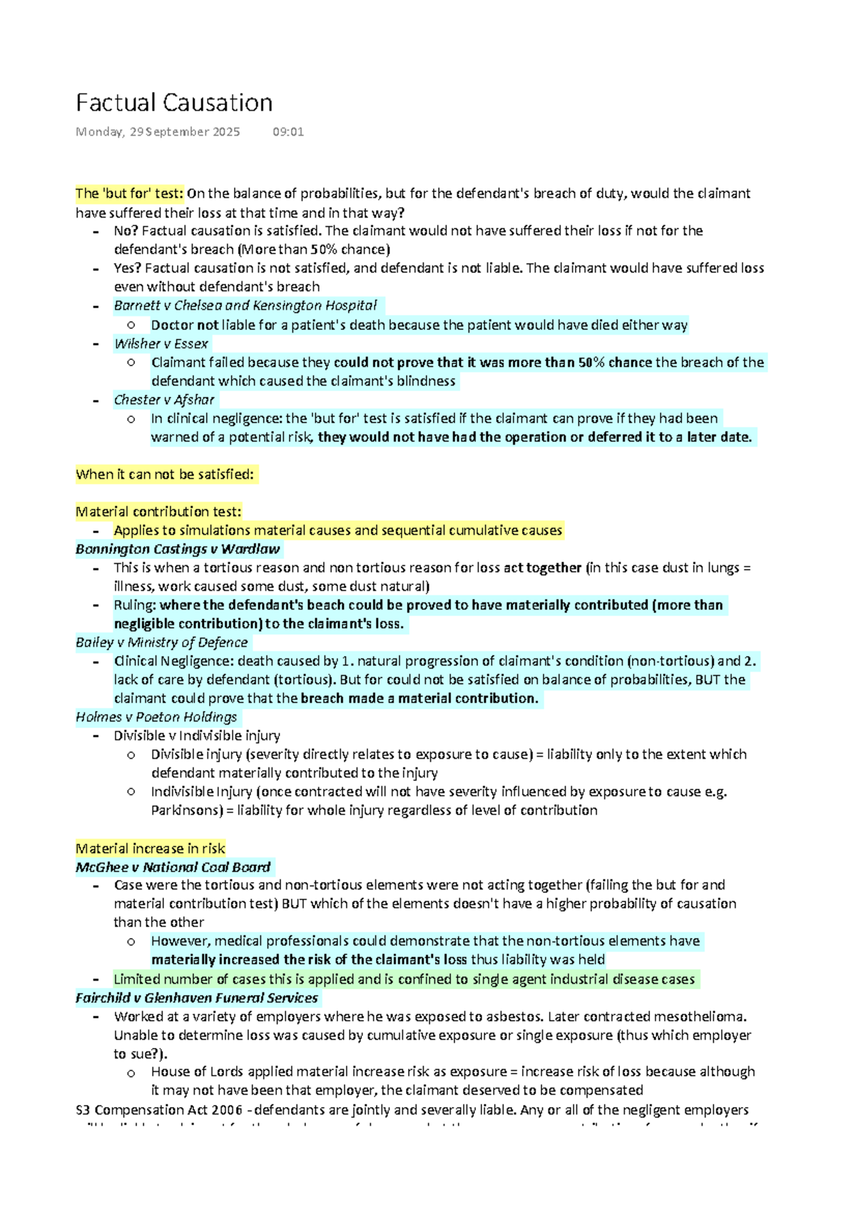 Factual Causation Notes: Key Cases and Legal Tests - Studocu