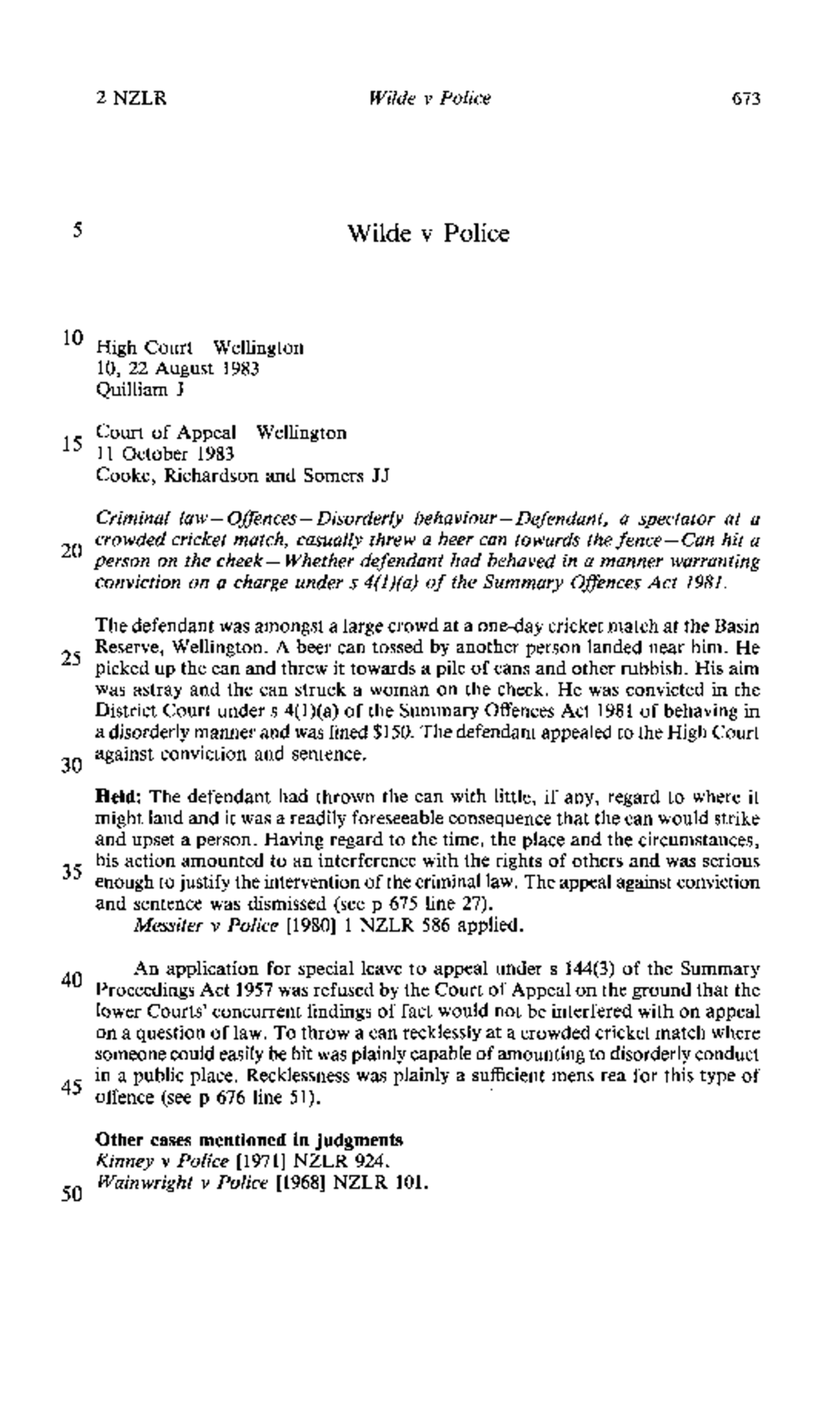 Wilde v Police - Case Study Analysis and Discussion - Studocu