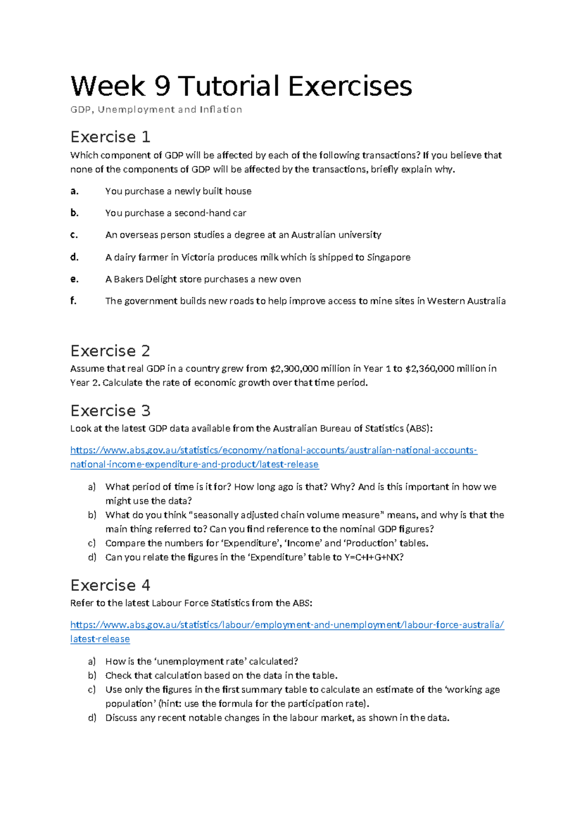 Week 9 Tutorial Exercises: GDP, Unemployment & Inflation Analysis - Studocu