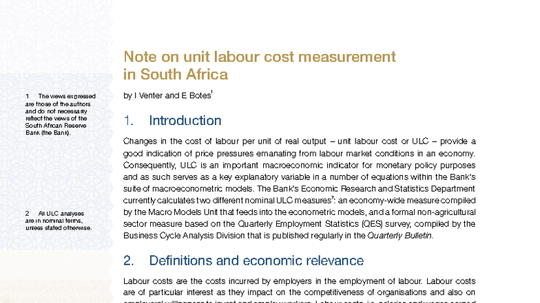 Note on Unit Labour Cost Measurement in South Africa: Analysis ...