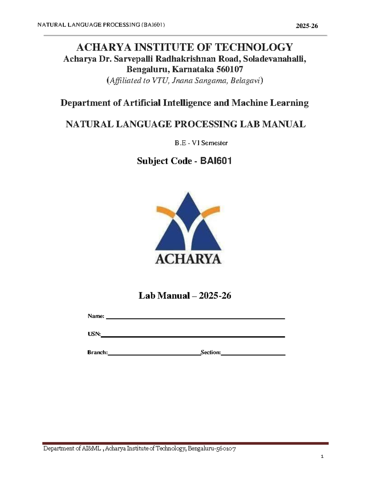 NLP LAB MANUAL (BAI601) - ACHARYA INSTITUTE OF TECHNOLOGY - Studocu