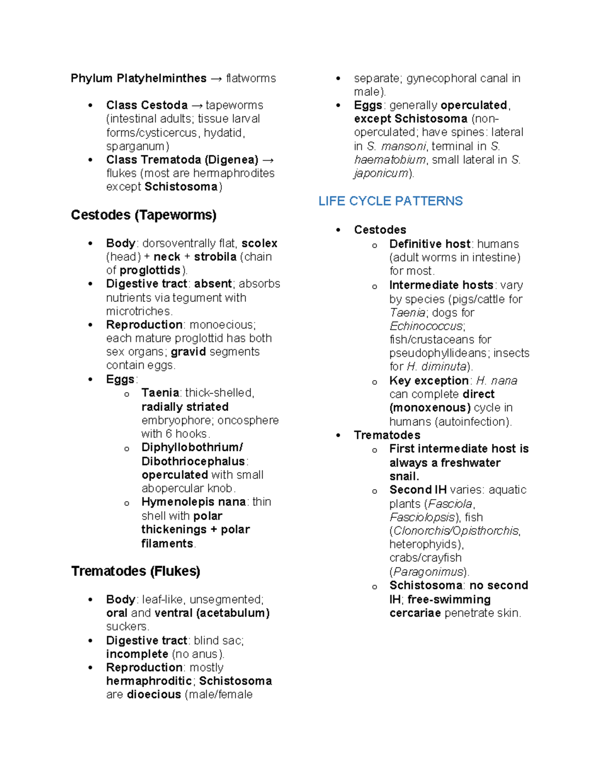 Cestodes and Trematodes Overview: Phylum Platyhelminthes Study Guide ...