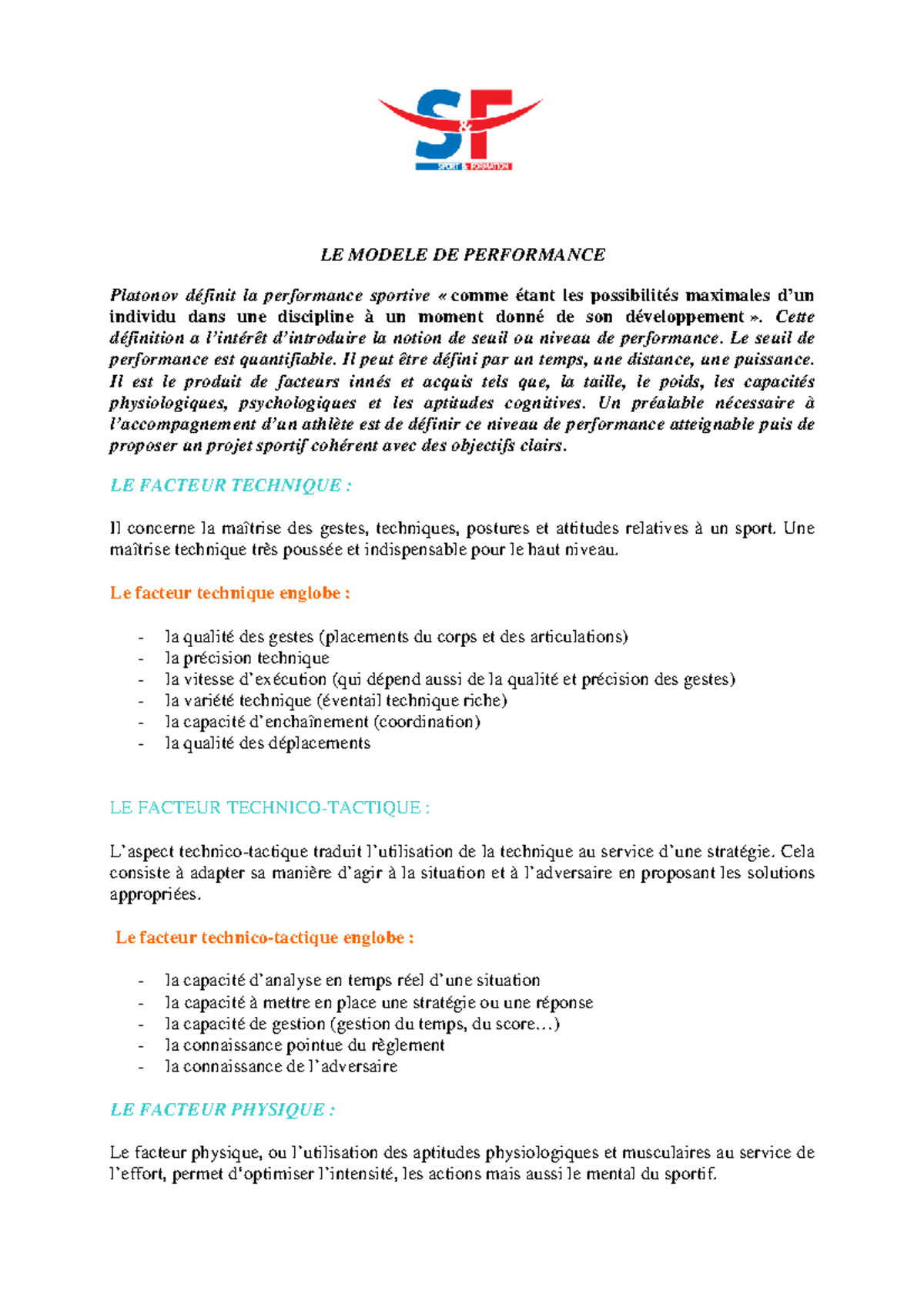 Modèle de Performance Sportive : Facteurs Clés et Stratégies - Studocu