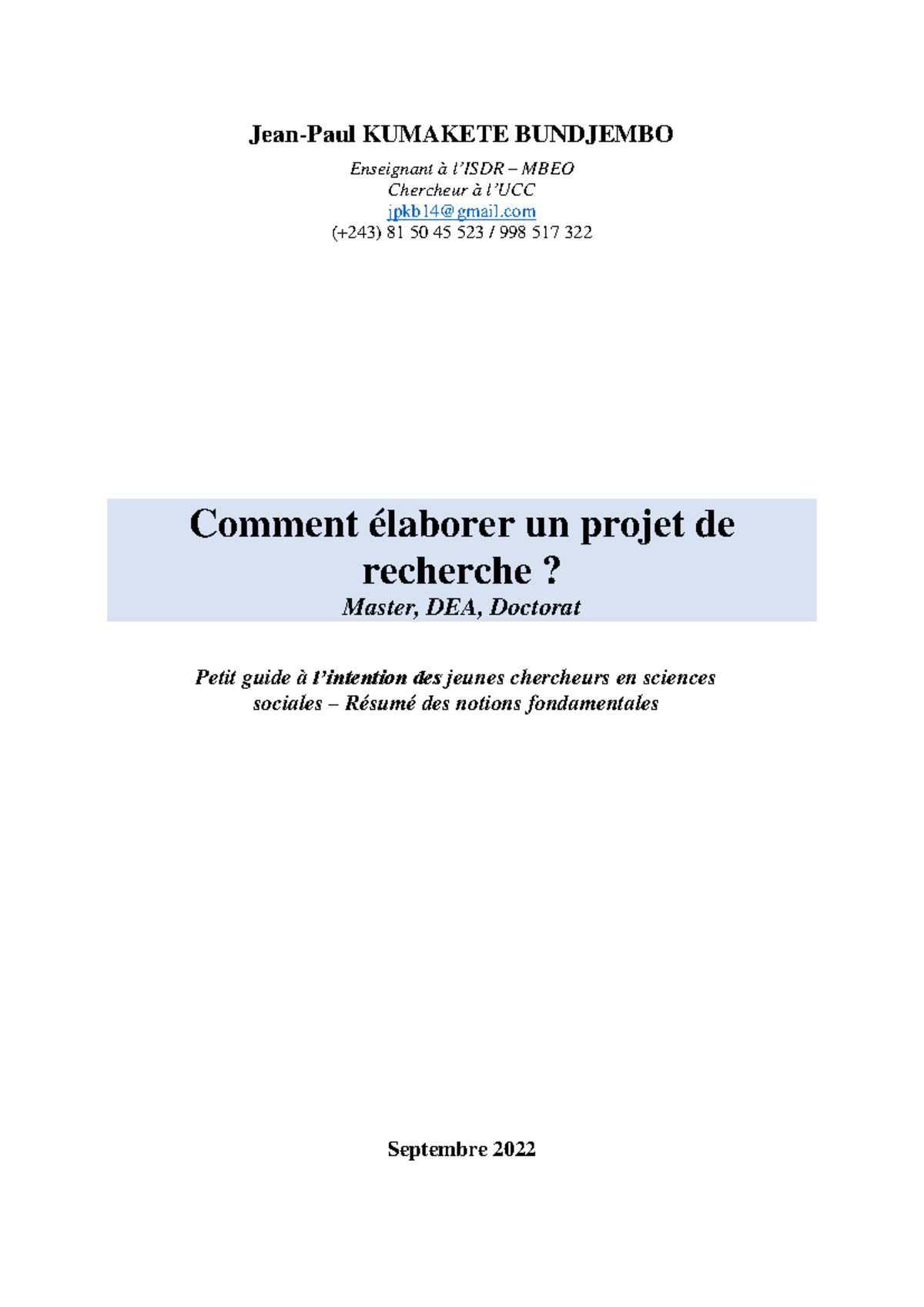 UCC 2022 - Comment Élaborer un Projet de Recherche en Sciences Sociales ...