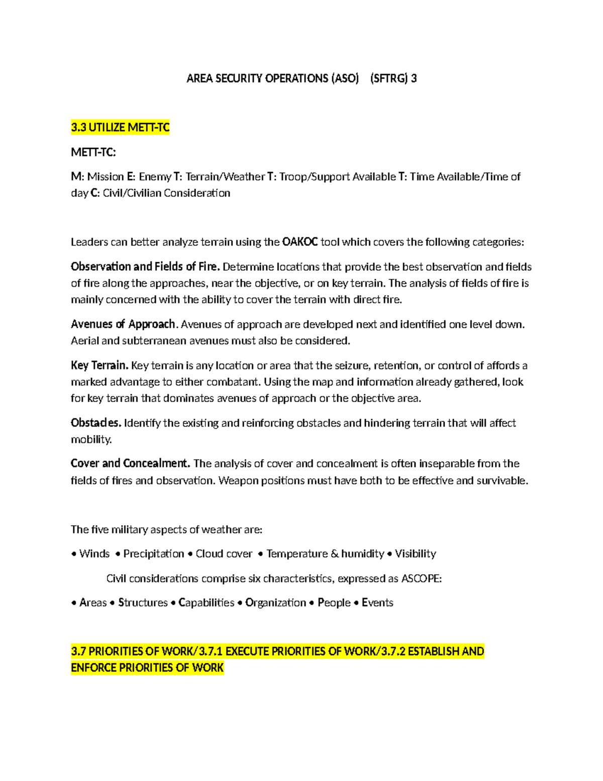 AREA SECURITY OPERATIONS (ASO) (SFTRG) - Mission Analysis & Tactics ...