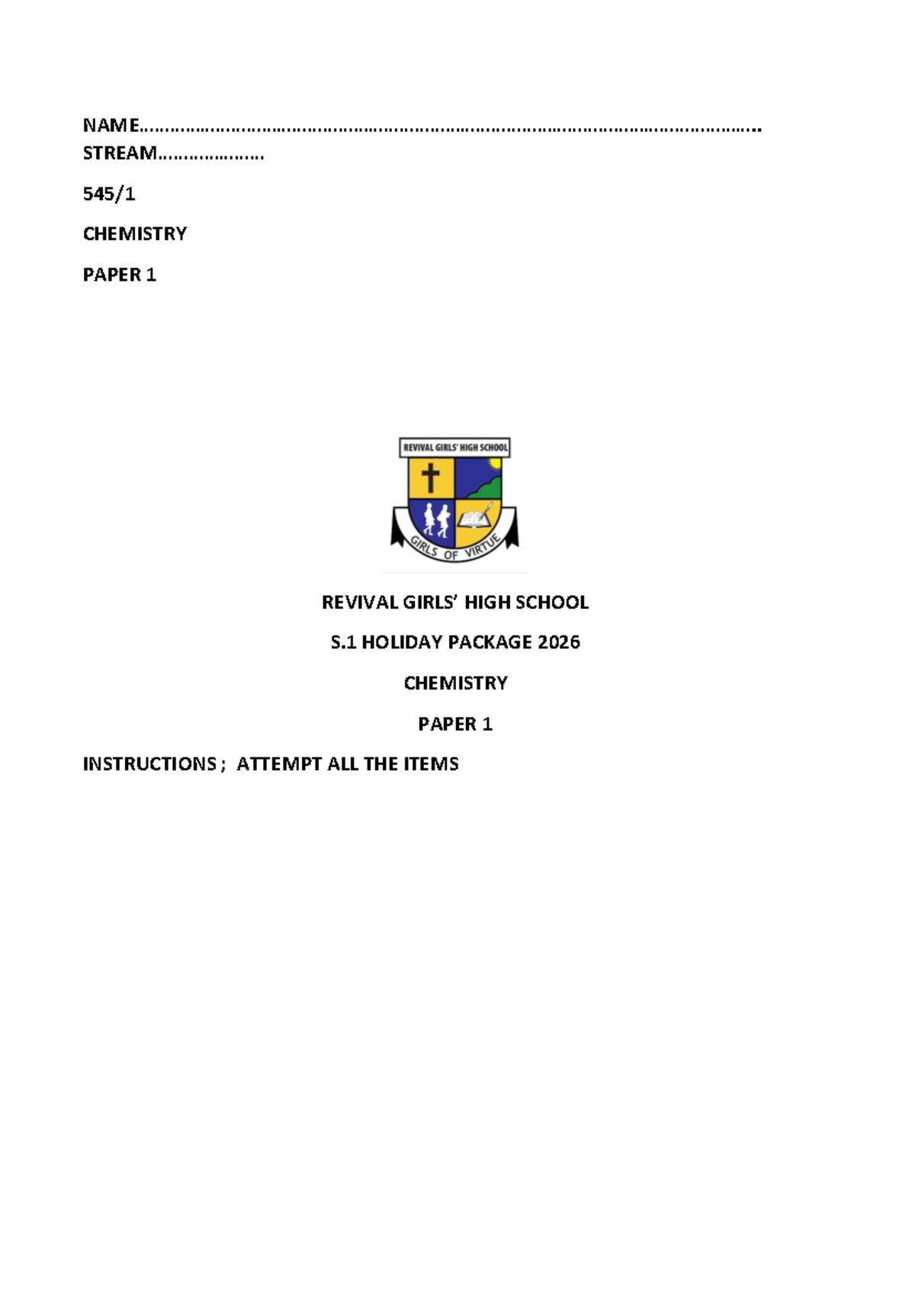 S1 CHEM 1 2026 Holiday Package: Chemistry Concepts & Practical ...